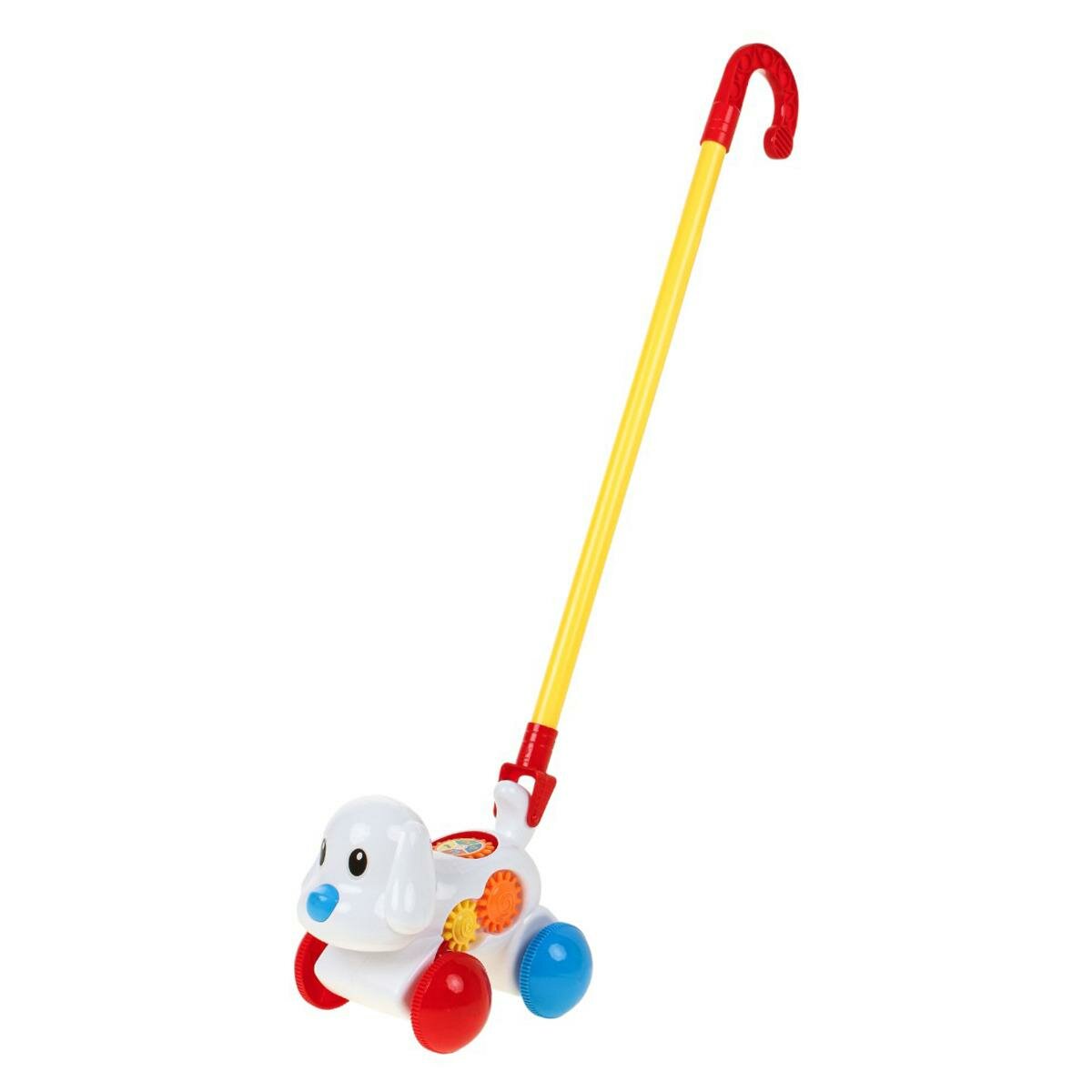 Каталка на палке "Собака" с шестерёнками и звуком, развивающая игрушка для малышей, 53 см, разноцветный принт