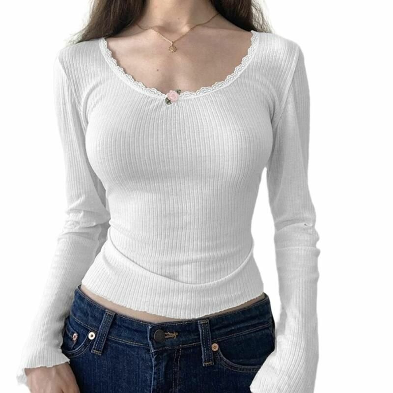 Топ с длинным рукавом и кружевными деталями, Белый - L