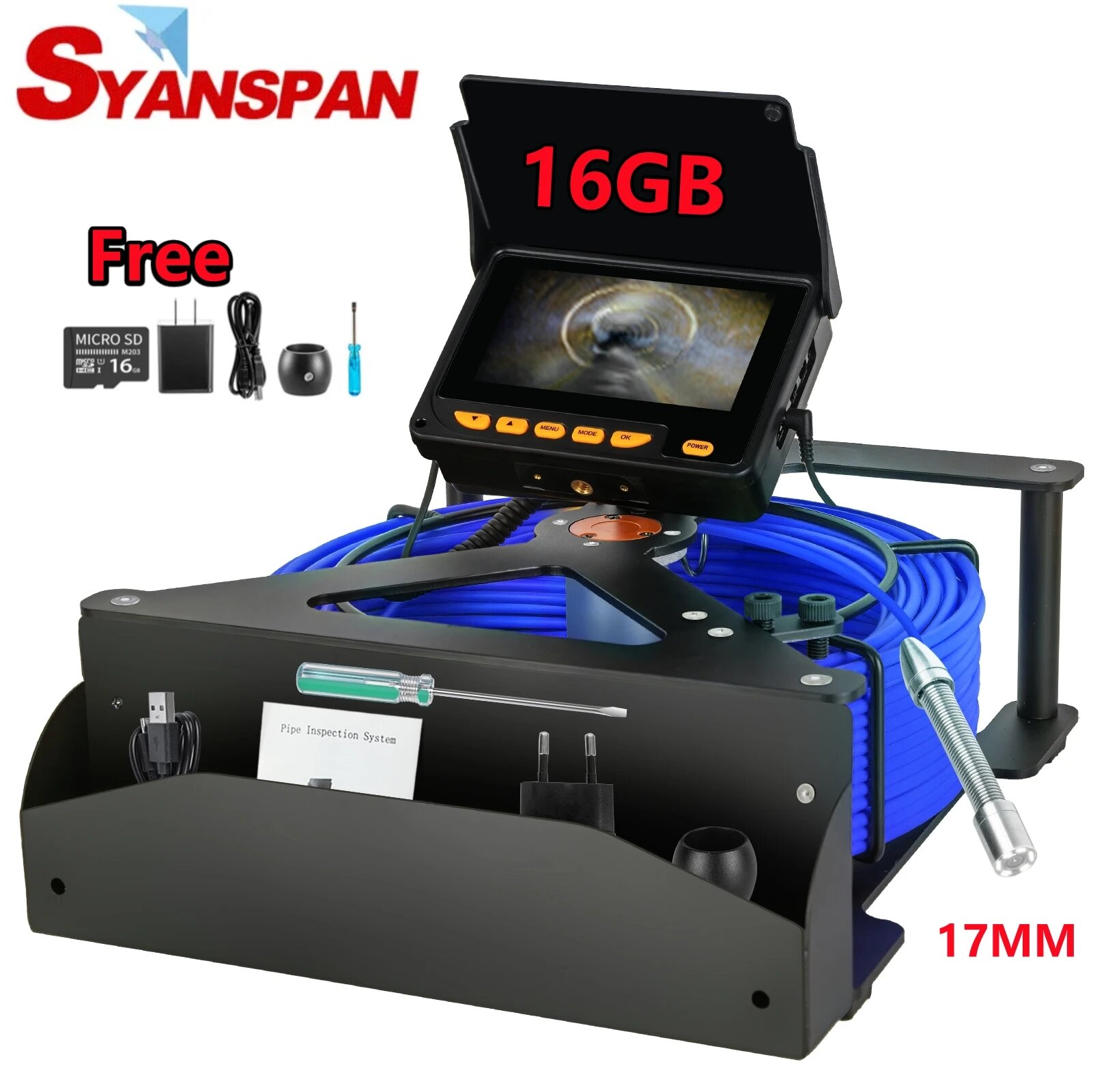 Эндоскоп SYANSPAN 16 ГБ для труб 17mm Camera NO DVR, 10 м
