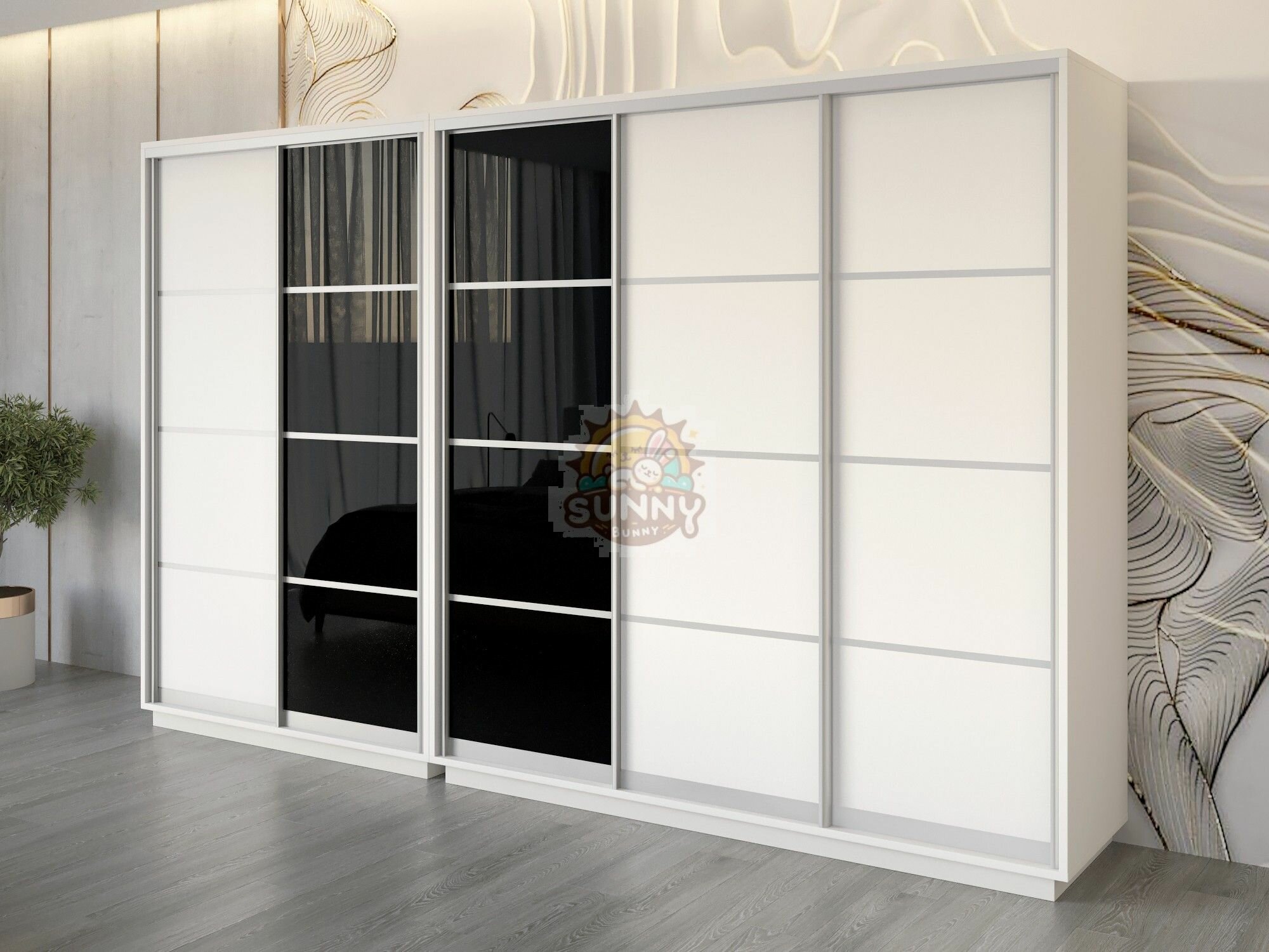 Шкаф-купе Флорида 5дв. (2+3) ЛДСП 3/Стекло черное 2, профиль серебро, 300х60х220 см. Белый снег