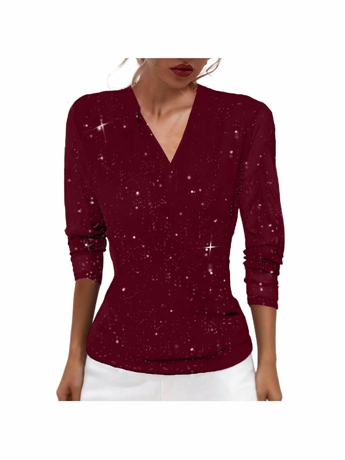 Блестящая блузка с V-образным вырезом и длинными рукавами, Темно-красный - XL