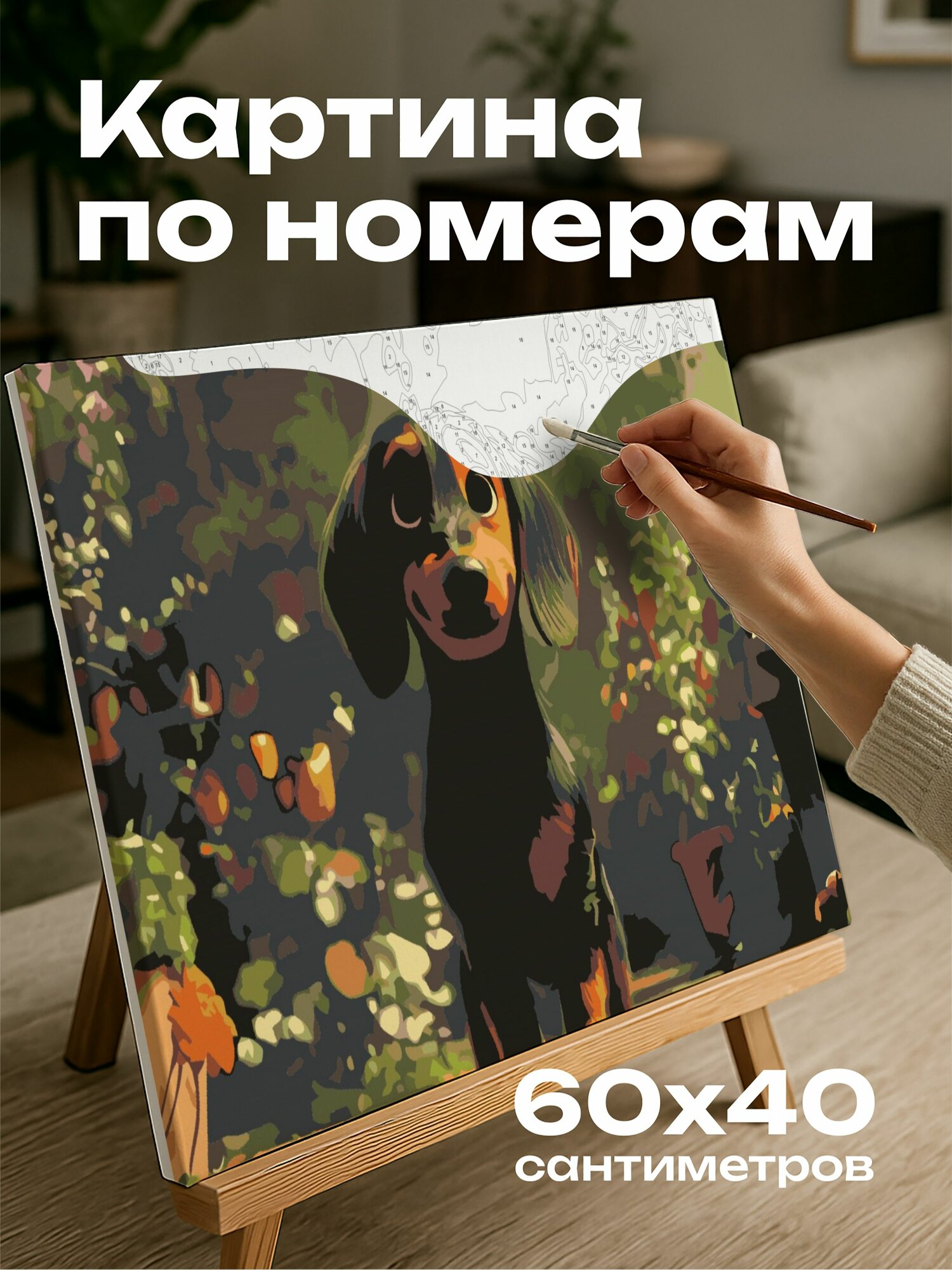 Картина по номерам 60x40 см, анимация, Disney, Pixar, такса, солнцем, сад, зелень, цветы, приключение, любопытство