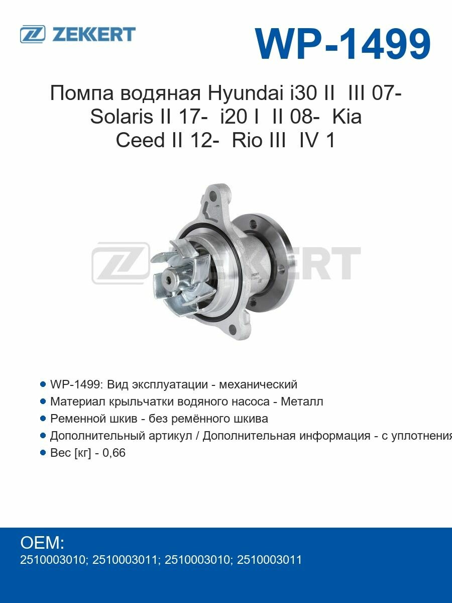 Zekkert Помпа водяная Hyundai i30 II III с 2007 г. Solaris II с 2017 г. i20 I II с 2008 г. Kia Cee'd II с 2012 г. Rio III IV