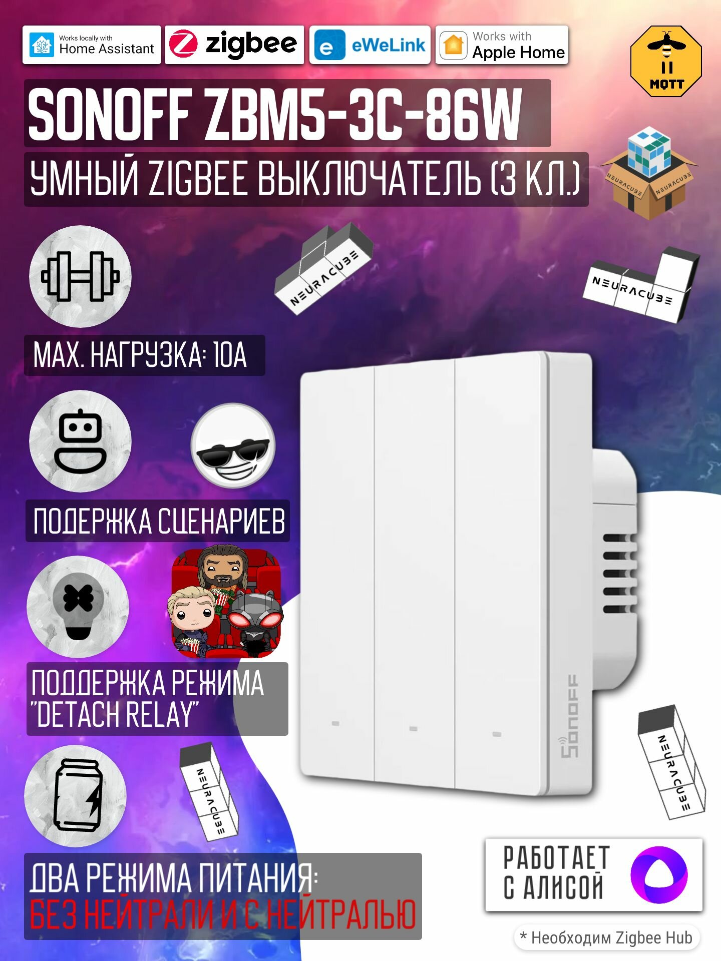 Умный 3-x клавишный Zigbee выключатель Sonoff ZBM5-3C-86W
