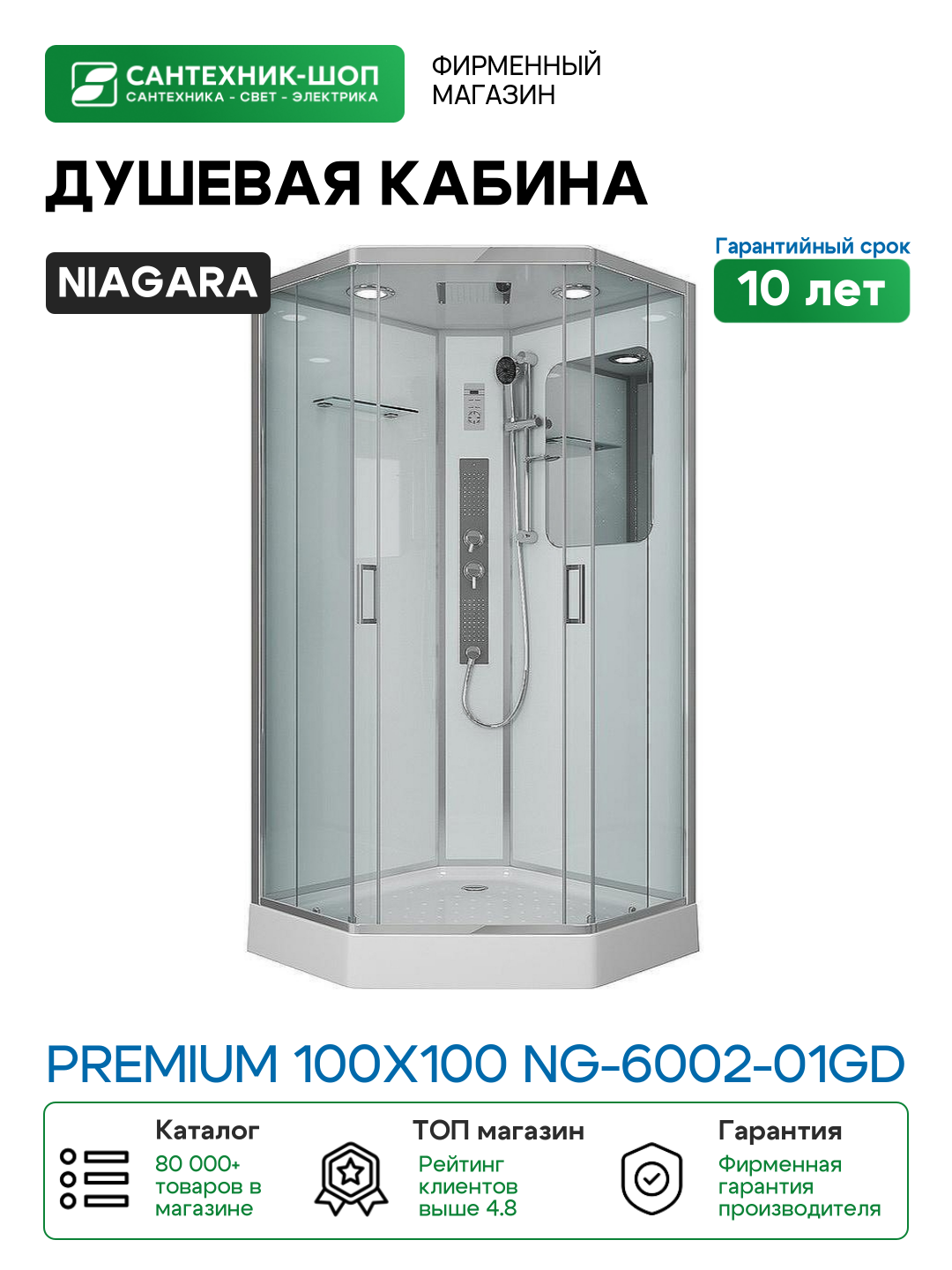 Душевая кабина Niagara Premium 100x100 NG-6002-01GD с гидромассажем