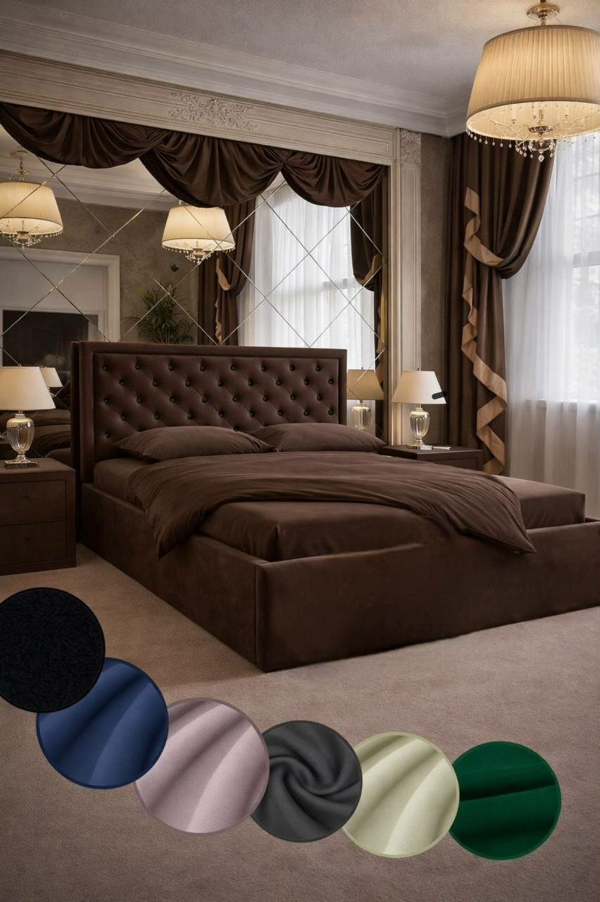 Кровать двуспальная Carriage, 180x200см, мягкая обивка, с подъемным механизмом и ортопедическим основанием, коричневый, ткань велюр