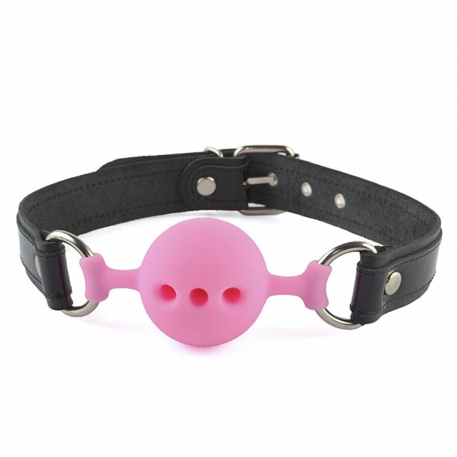 Кляп-шар с отверстиями для дыхания, розовый, черные ремешки, кожа