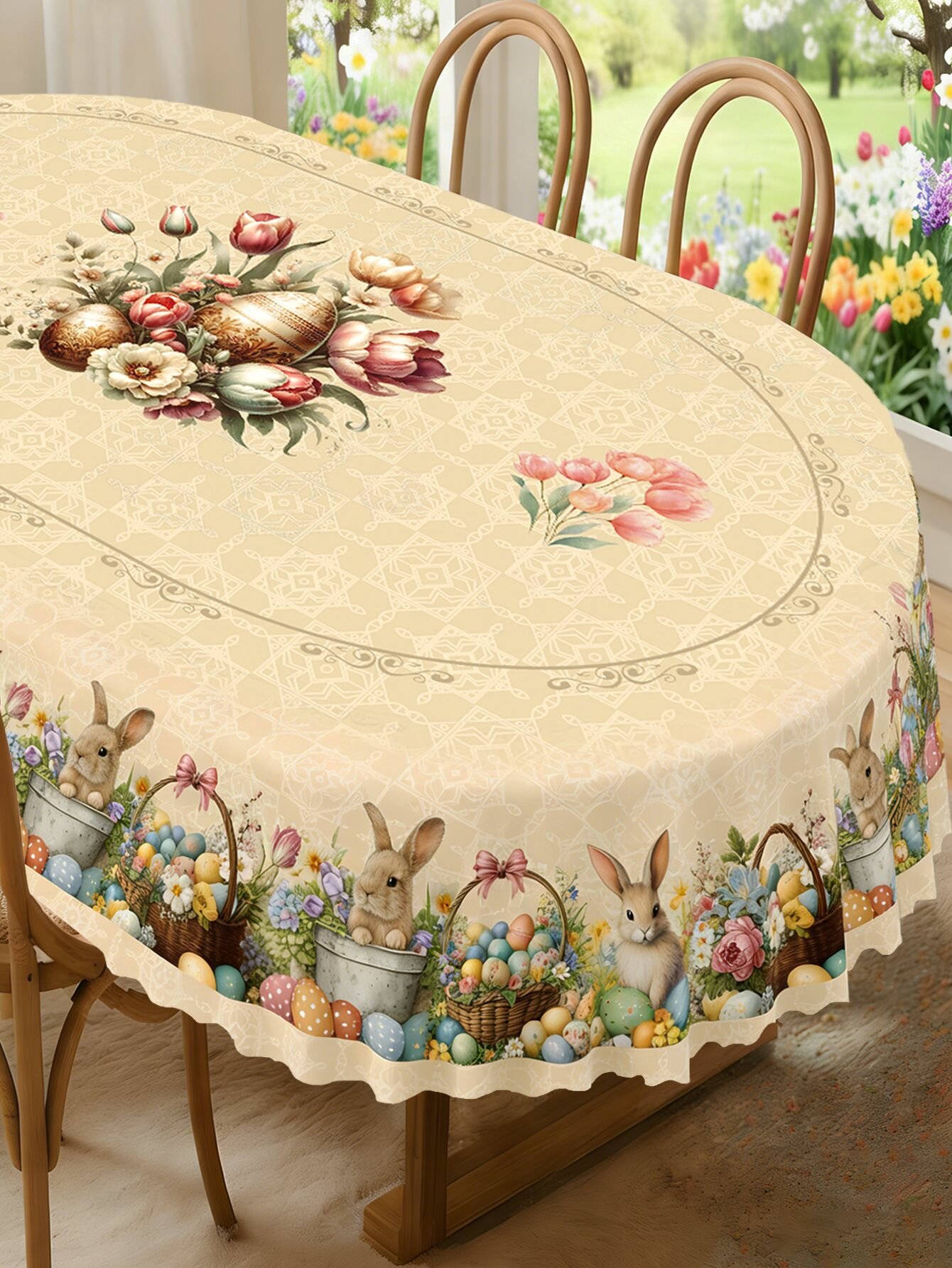 Скатерть пасхальная овальная с кроликом, цветами и яйцами, 213x152 см