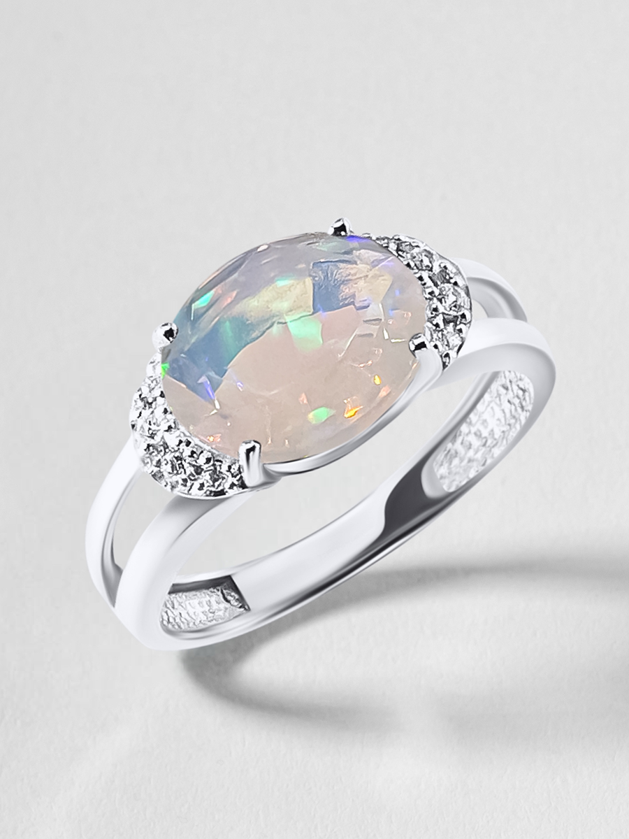 Кольцо, серебро, 925 проба, родирование, фианит, опал