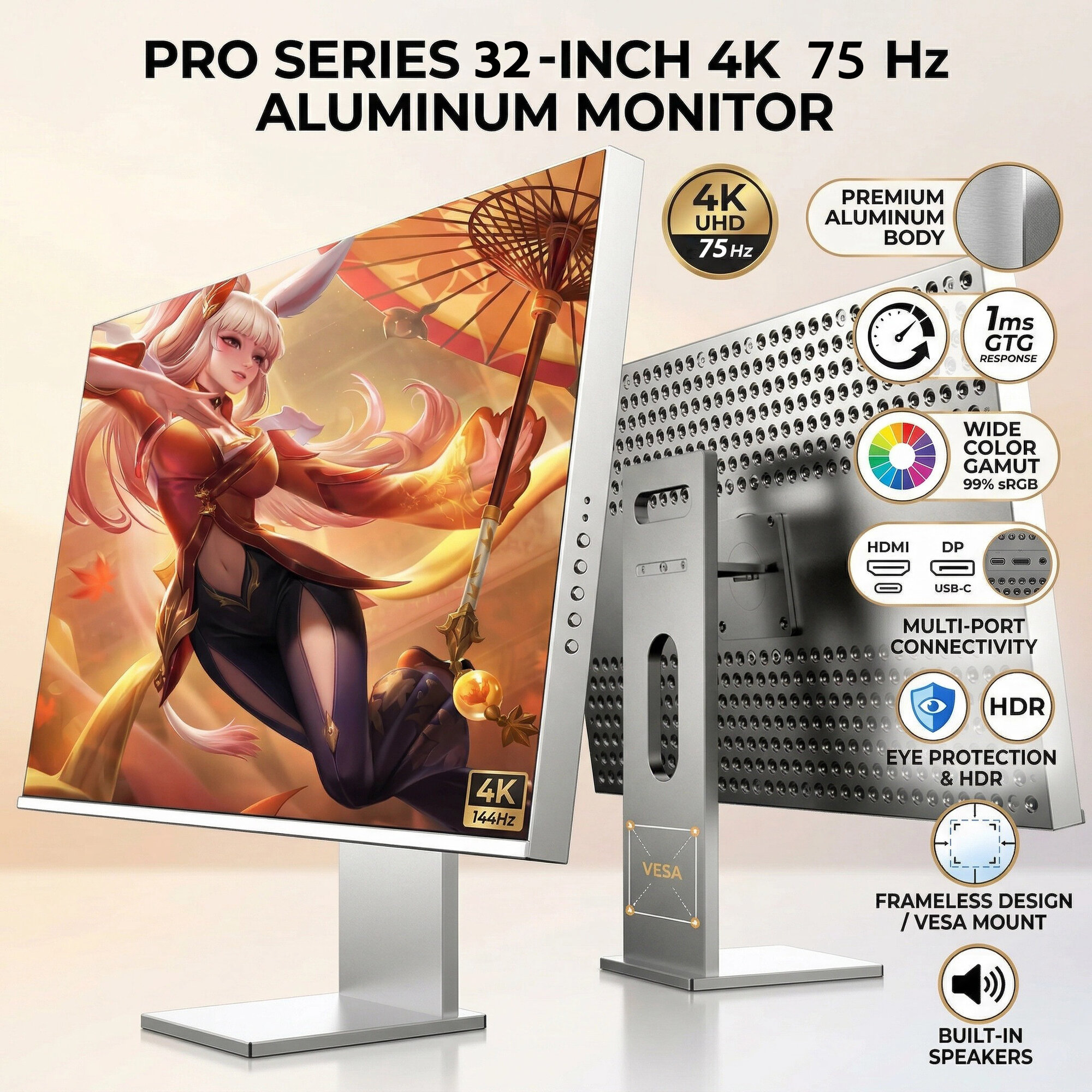 Игровой монитор с 4К-разрешением, 32", 75Hz, алюминиевый корпус, VESA-крепление, 100х100мм