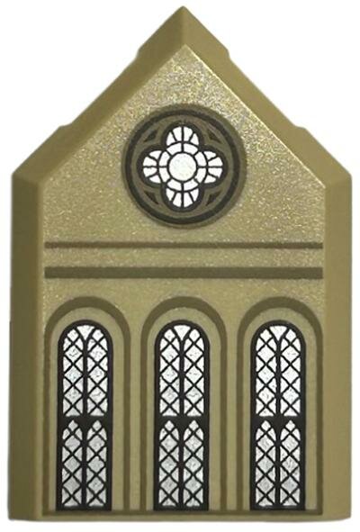 Деталь Lego 22385pb309 Tile, Modified 2 x 3 Pentagonal with Ornate Round and 3 Arched Silver Windows with Dark Brown Lattice, Dark Tan Arches and Lines Pattern