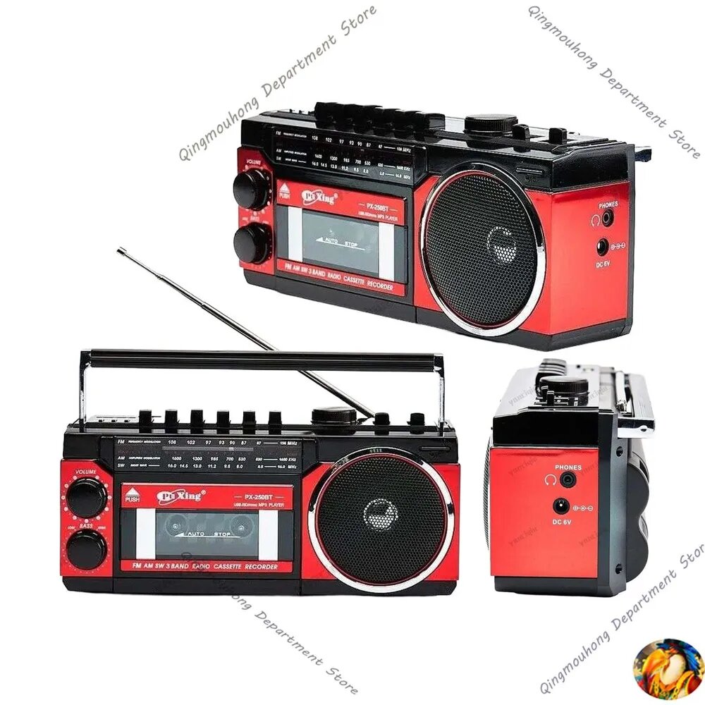 Магнитола кассетная с радио и Bluetooth, черный, темно-бордовый, 5 Вт