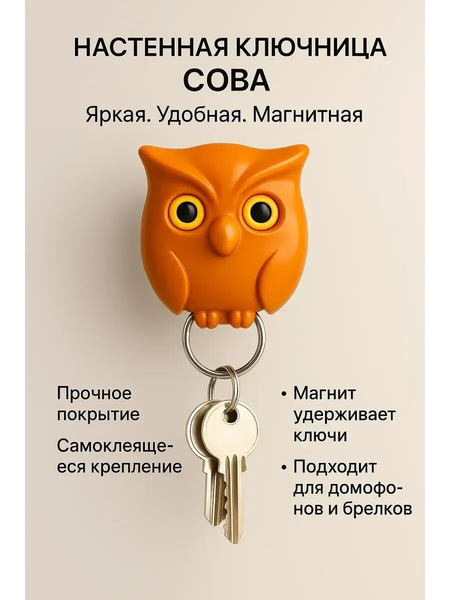 Настенная ключница Сова коричневая магнитная для ключей