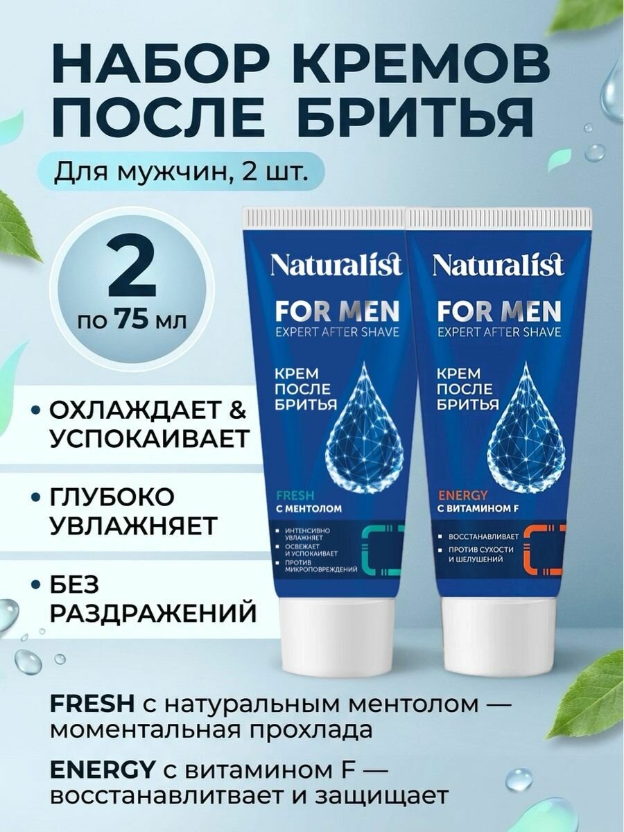 Крем после бритья с ментолом и витамином F для мужчин, Naturalist (Dermanika), 2 шт х 75 мл