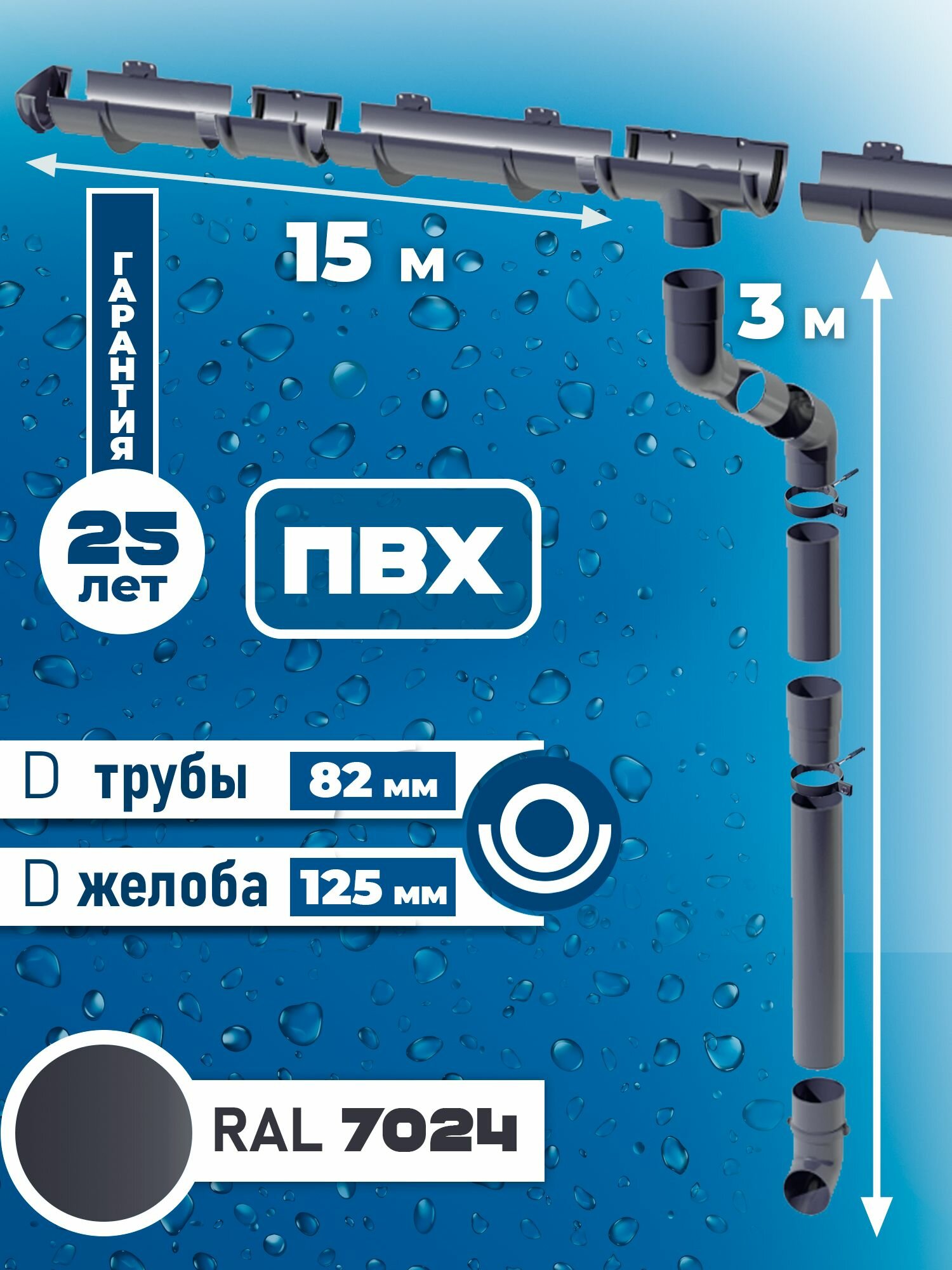 Водосточная система вегапласт (125мм / 82 мм) 15 м серый (варианты: 9м+6м или 10,5м+4,5м) водосток для крыши пластиковый Vegastok Vegaplast (RAL 7024 графитовый) комплект ПВХ