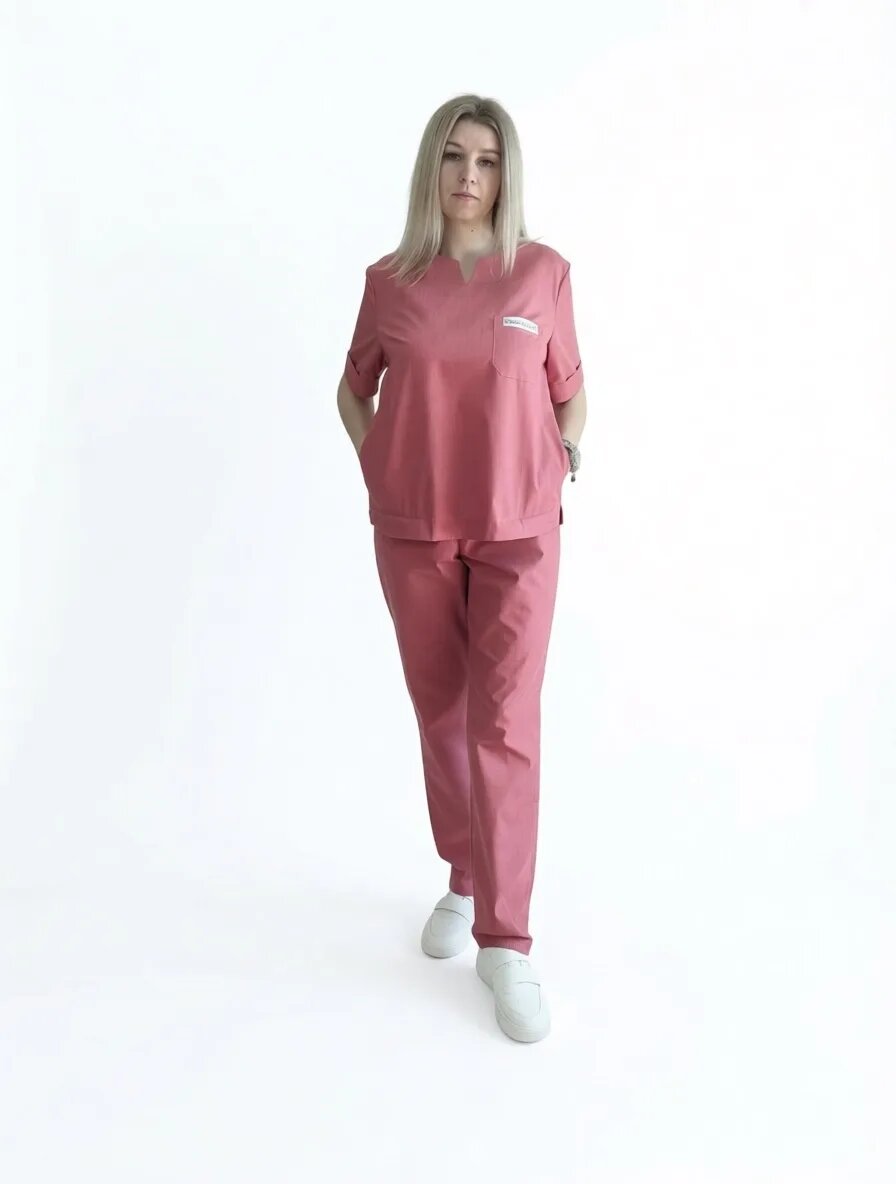 Костюм медицинский Анна тиси (35% хлопок, 65% полиэстер), коралл-джинса, размер 42