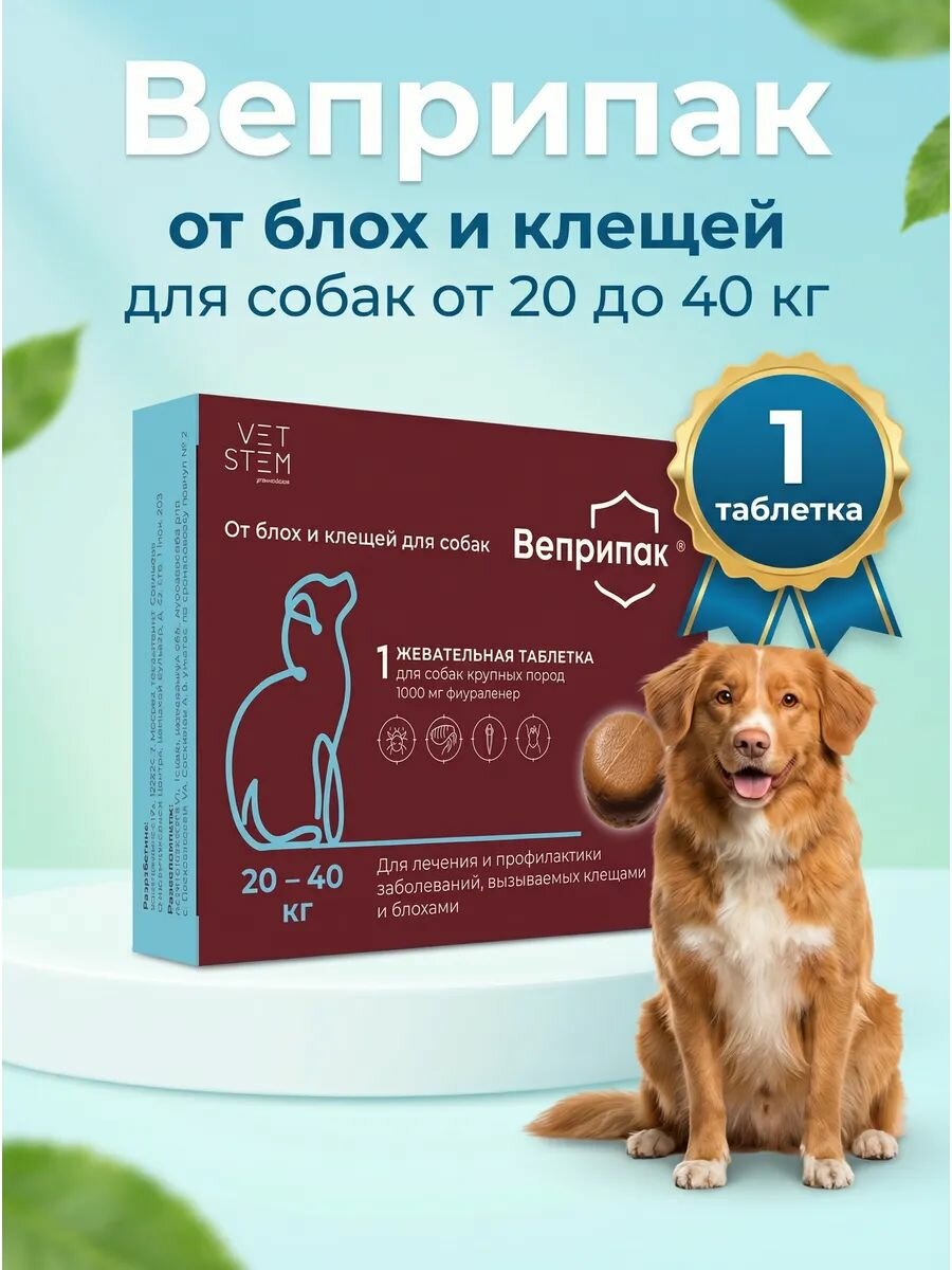Веприпак для собак от клещей 20-40 кг, дженерик Бравекто, Ветстем, 1 таблетка 1000 мг, срок годности 15.02.2028