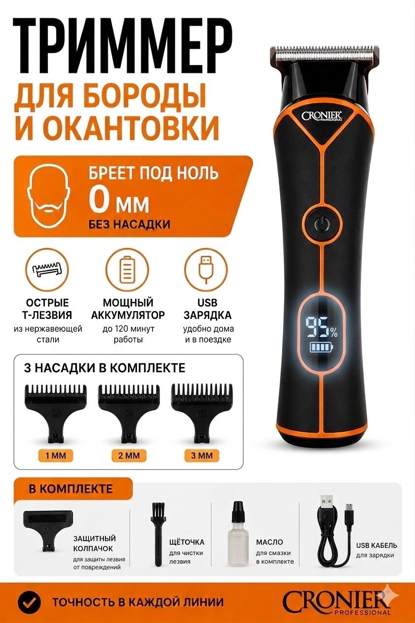 Машинка для стрижки волос CRONIER Professional, машинка для стрижки бороды и волос- LED дисплей