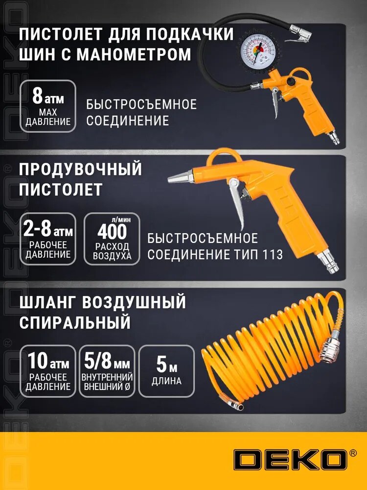 Набор пневмоинструмента DEKO DKPT03 (3 предмета) — фото 1