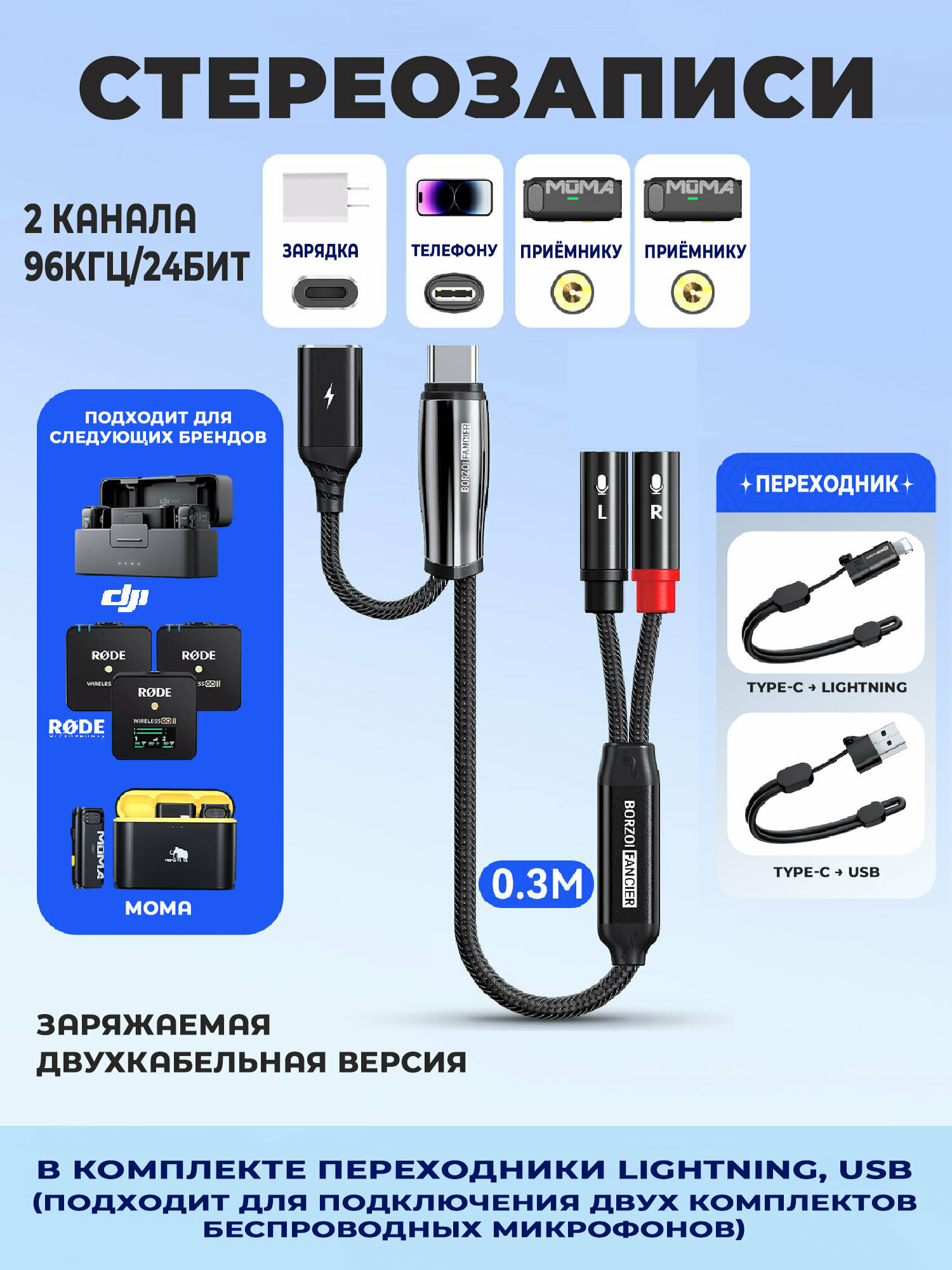 Двухкабельный переходник для стереозаписи 96кГц 24бит с зарядкой PD 60W, для двух комплектов микрофонов, USB-C адаптер для записи музыки на телефон