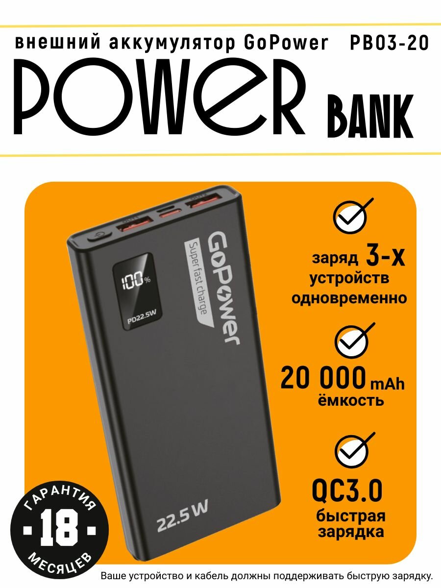Внешний аккумулятор GoPower PB03-20 20000mAh 3.0A 22.5W 2USB/Type-C черный