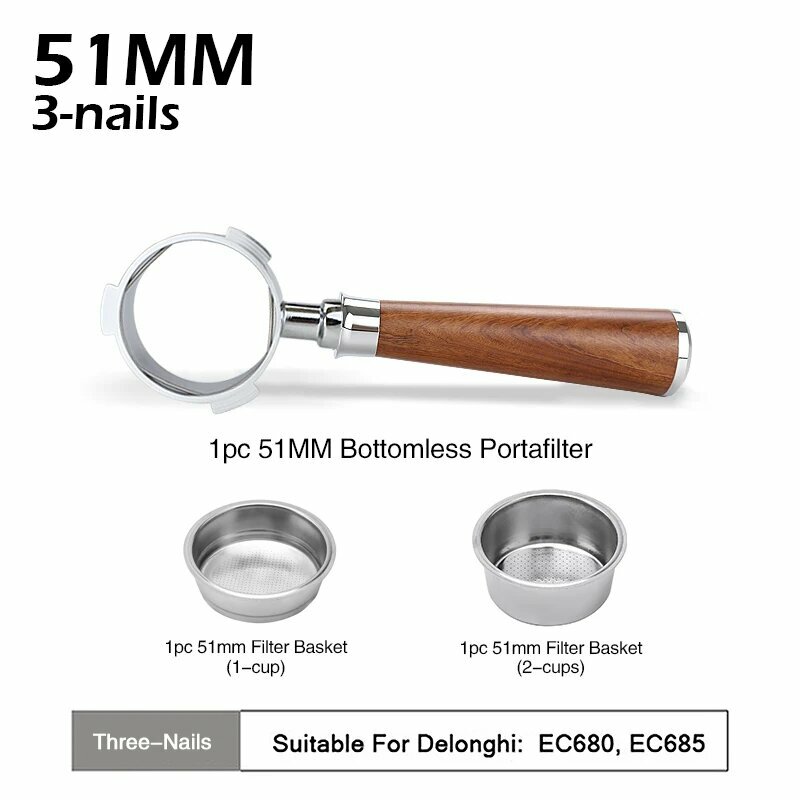 Бездонный портафильтр CafeGaGa 51 мм для Delonghi EC680 EC685 EC200 Коричневый, 51mm 3 Nails RD
