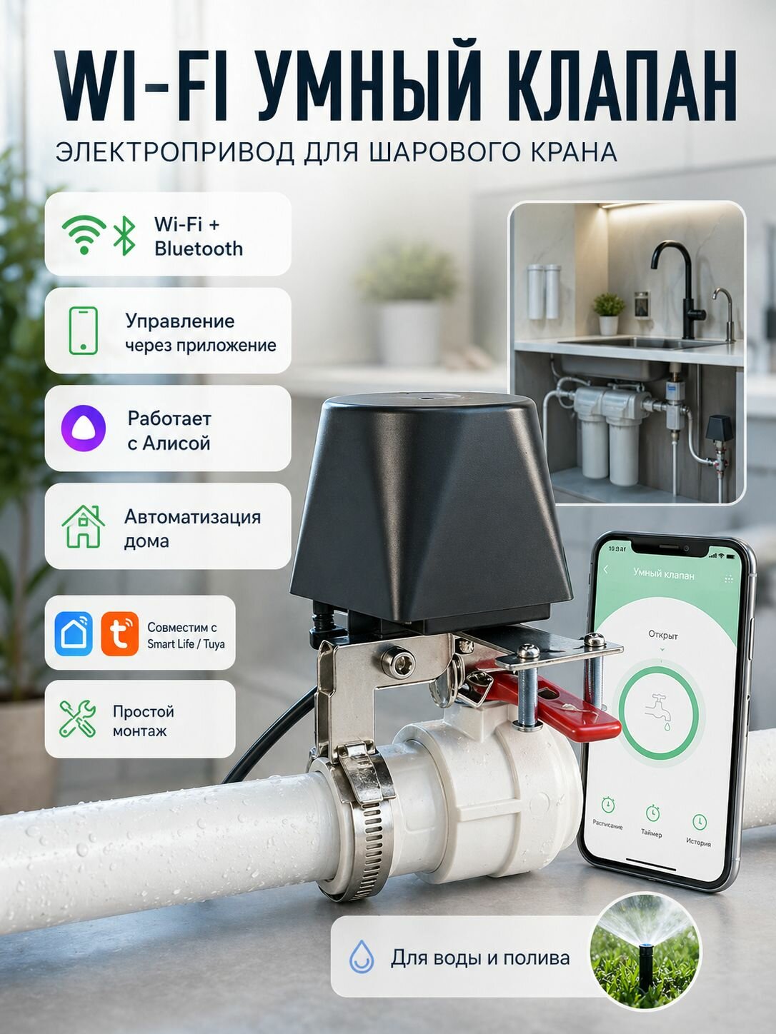 Электропривод для шарового крана WiFi Smart Life умный кран с Алисой / WI-Fi + Bluetooth