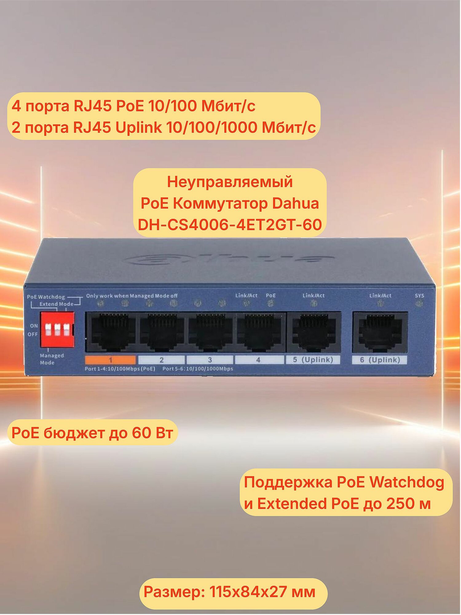 Dahua DH-CS4006-4ET2GT-60 4-портовый PoE коммутатор с функцией облачного управления