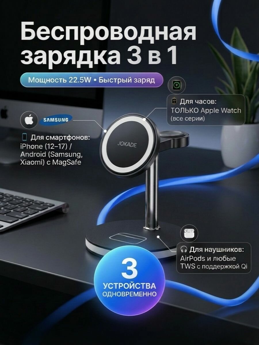 Беспроводная зарядка 3 в 1 Jokade JK015 Магнитная зарядная станция MagSafe 22.5W