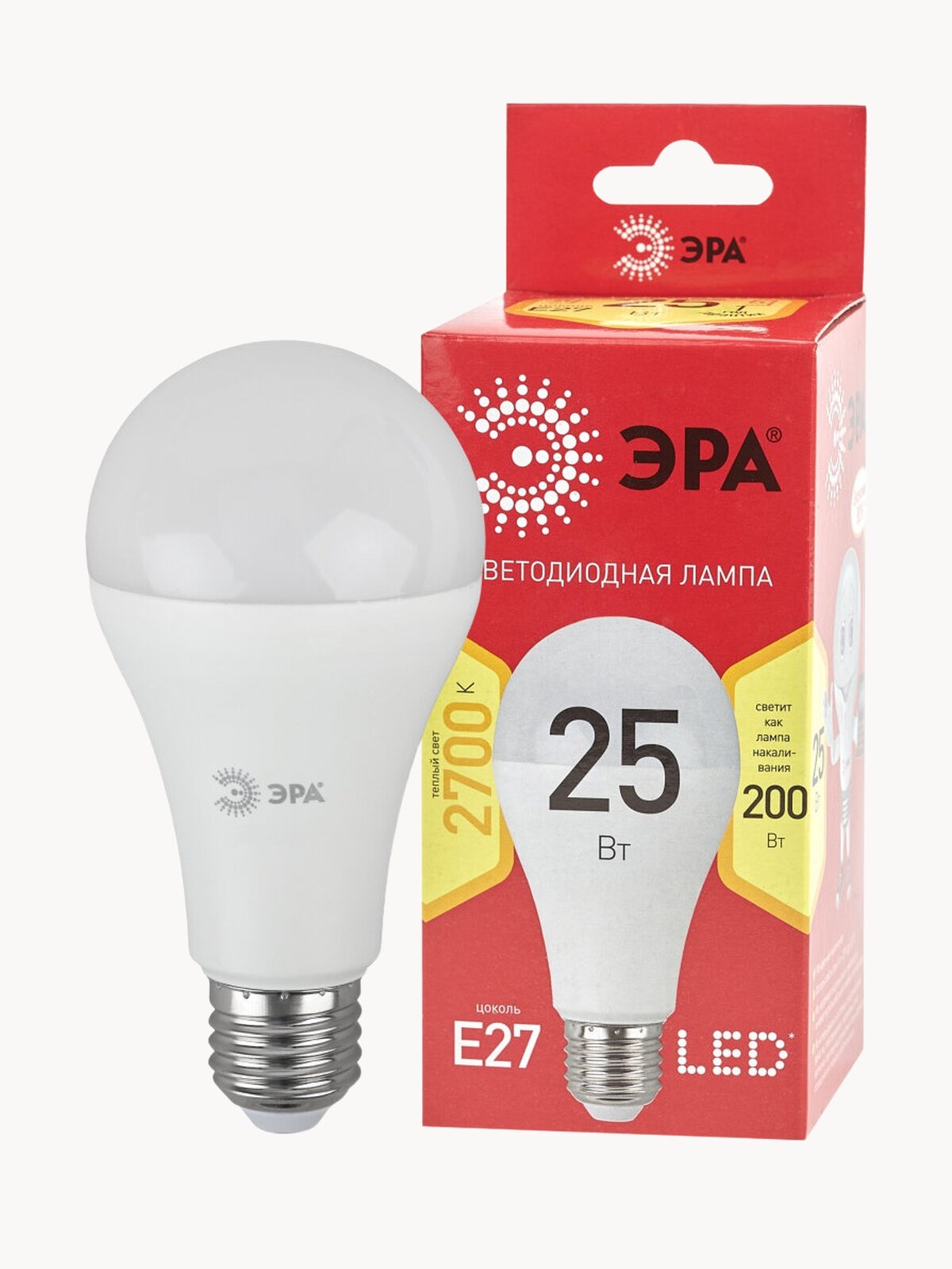 Лампочка светодиодная ЭРА LED Е27 25Вт 2700K груша теплый белый свет, набор 2 шт