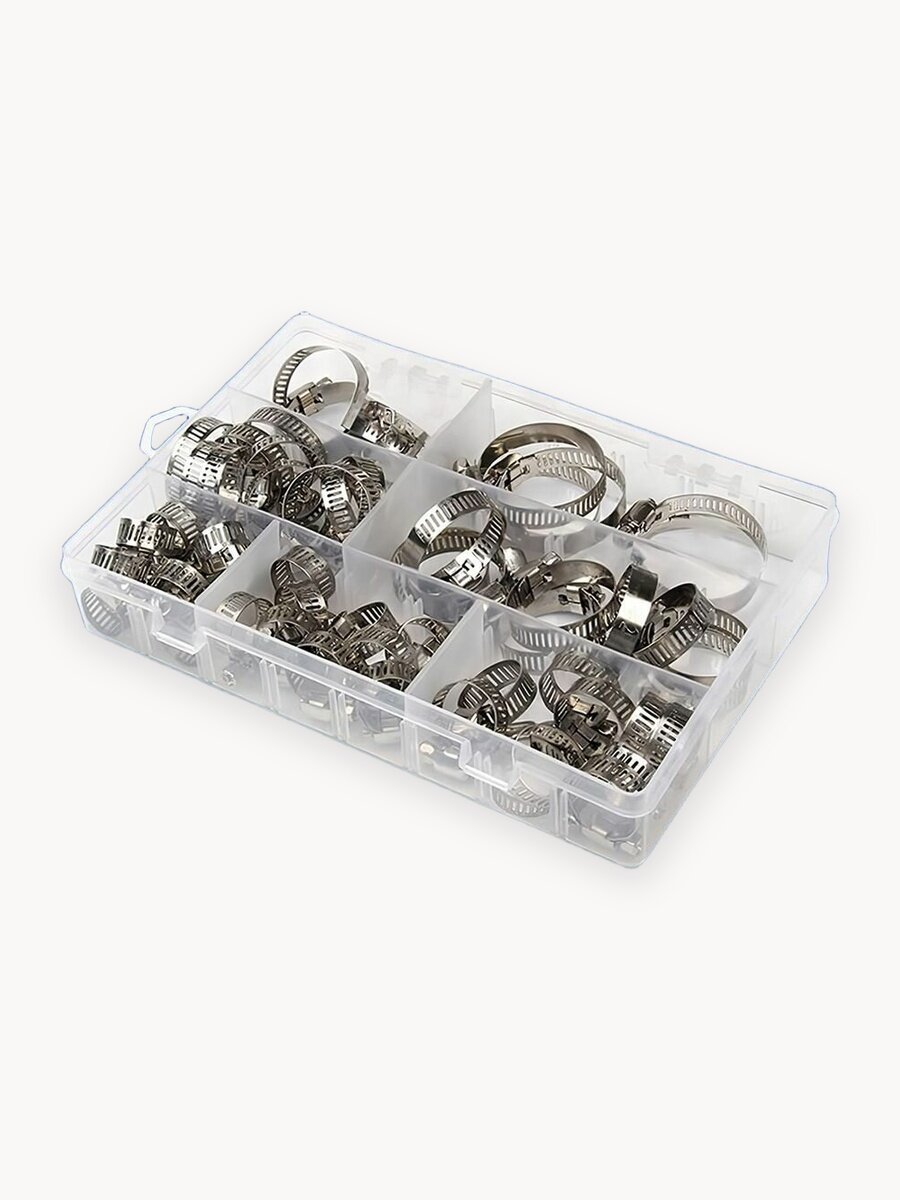 Хомут обжимной металлический червячный набор 5 размеров 40 штук 6-12, 10-16, 13-19, 16-25, 19-29 мм, оцинкованный для крепления шланга и труб, в пластиковом кейсе