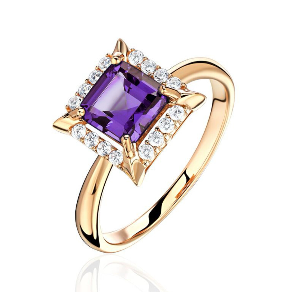 Кольцо, красное золото, 585 проба, аметист, фианит