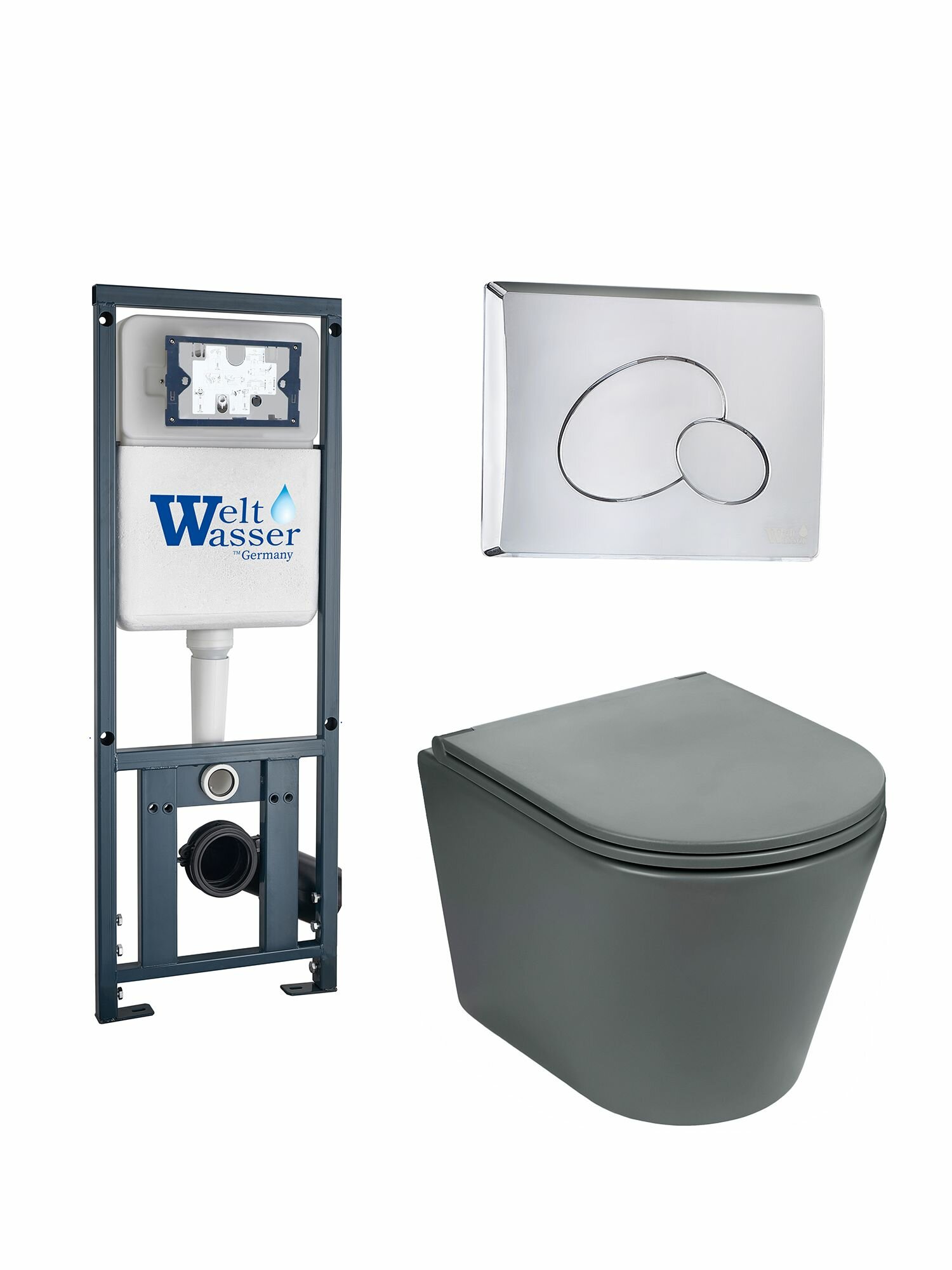 Комплект 6 в 1 WeltWasser: подвесной унитаз SALZBACH 043 MT-GR серый+кнопка смыва MAR 410 RD-CR хром+инсталляция MARBERG 410