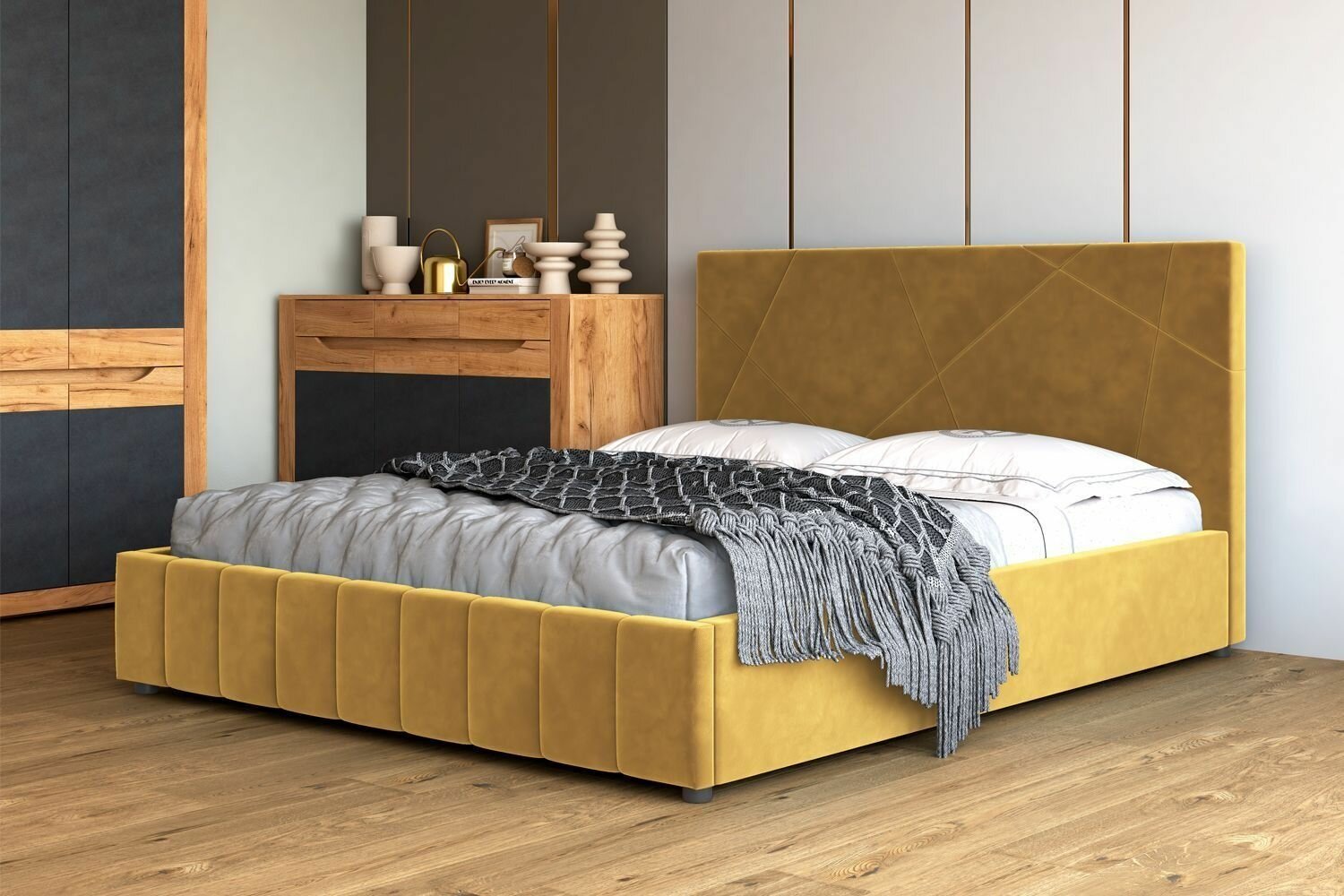 Кровать Нельсон 160х200 (Абстракция) Горчичный Вар.1