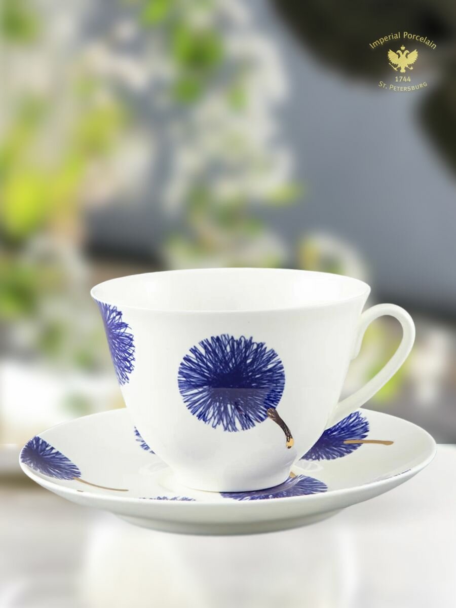 Чашка чайная с блюдцем, 250 мл. Императорский фарфоровый завод ИФЗ. Форма "Весенняя", рисунок "Fresh". Костяной фарфор.