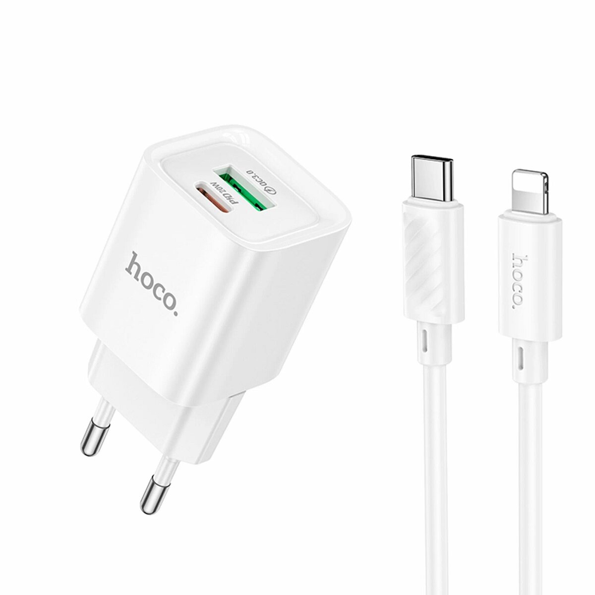 Сетевое зарядное устройство HOCO C147A Charm 20W, USB3.0/Type-C, QC3.0/PD20W, кабель Type-C to Lightning, белый