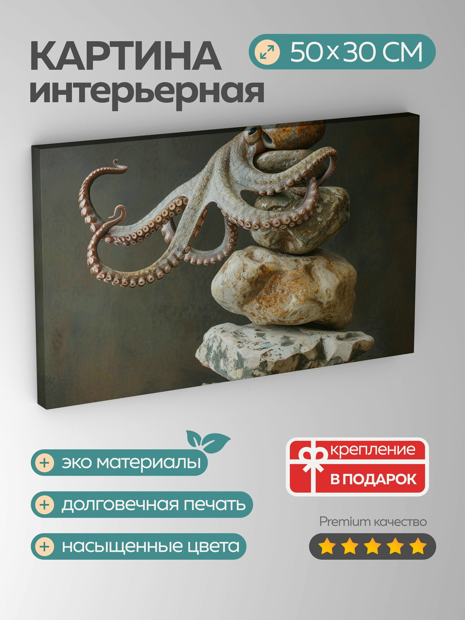 Картина на холсте интерьерная 50х30 см, сюрреализм, осьминог, гравитация, баланс, камни, искусство, техника, природа