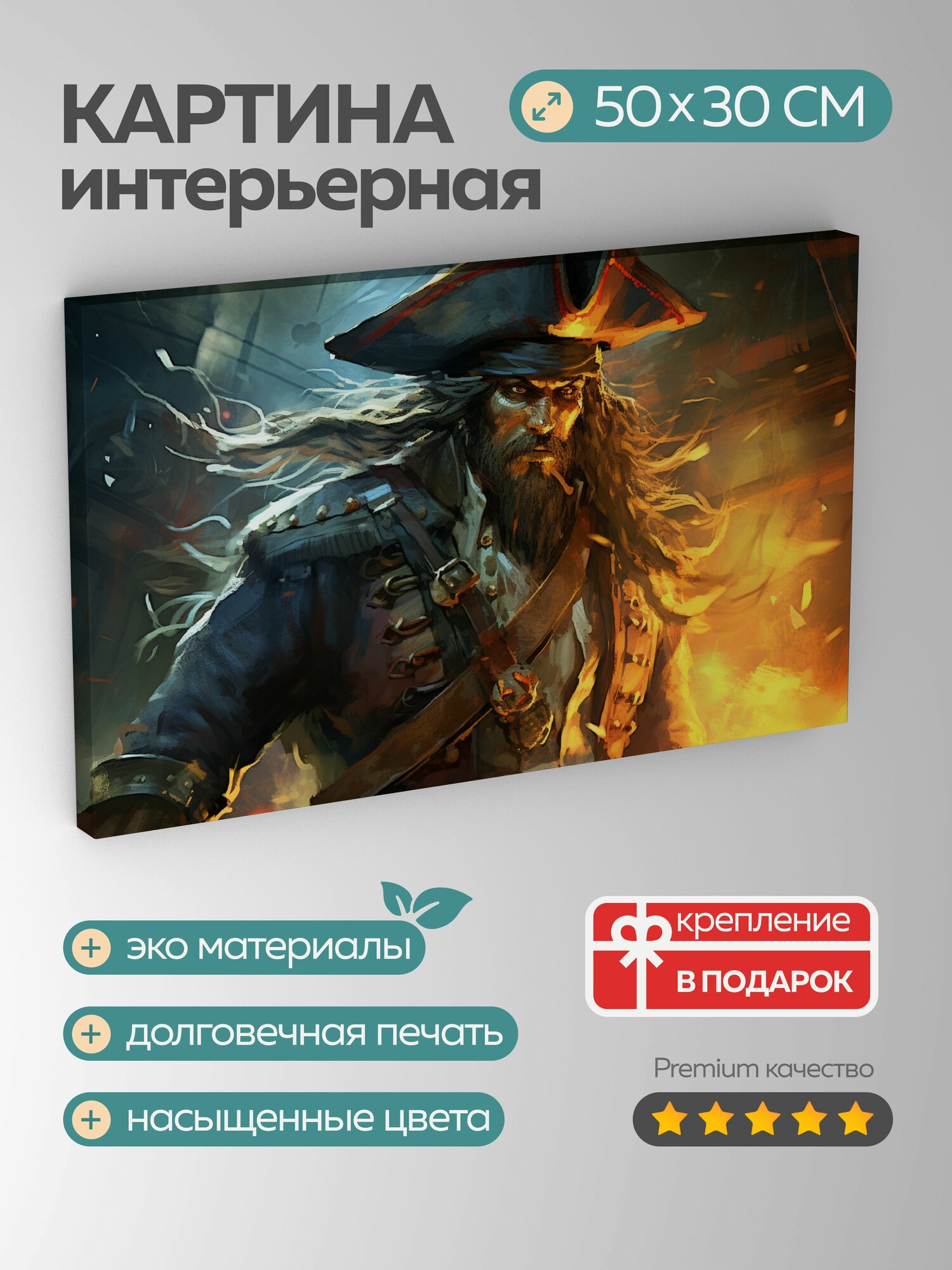 Картина на холсте интерьерная 50х30 см, пират, капитан, сабля, корабль, плащ, энергия, движение, лицо, черты, глубина