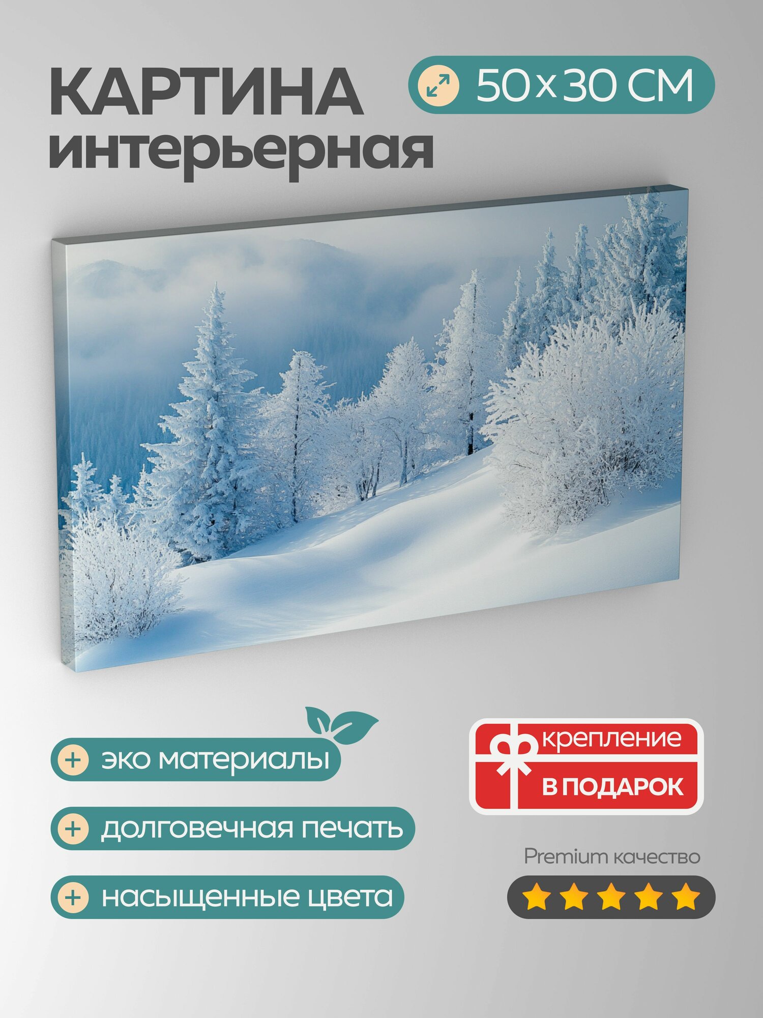 Картина на холсте интерьерная 50х30 см, Снежный пейзаж, заснеженная природа, сверкающие сосульки, белый снег, 5:3.