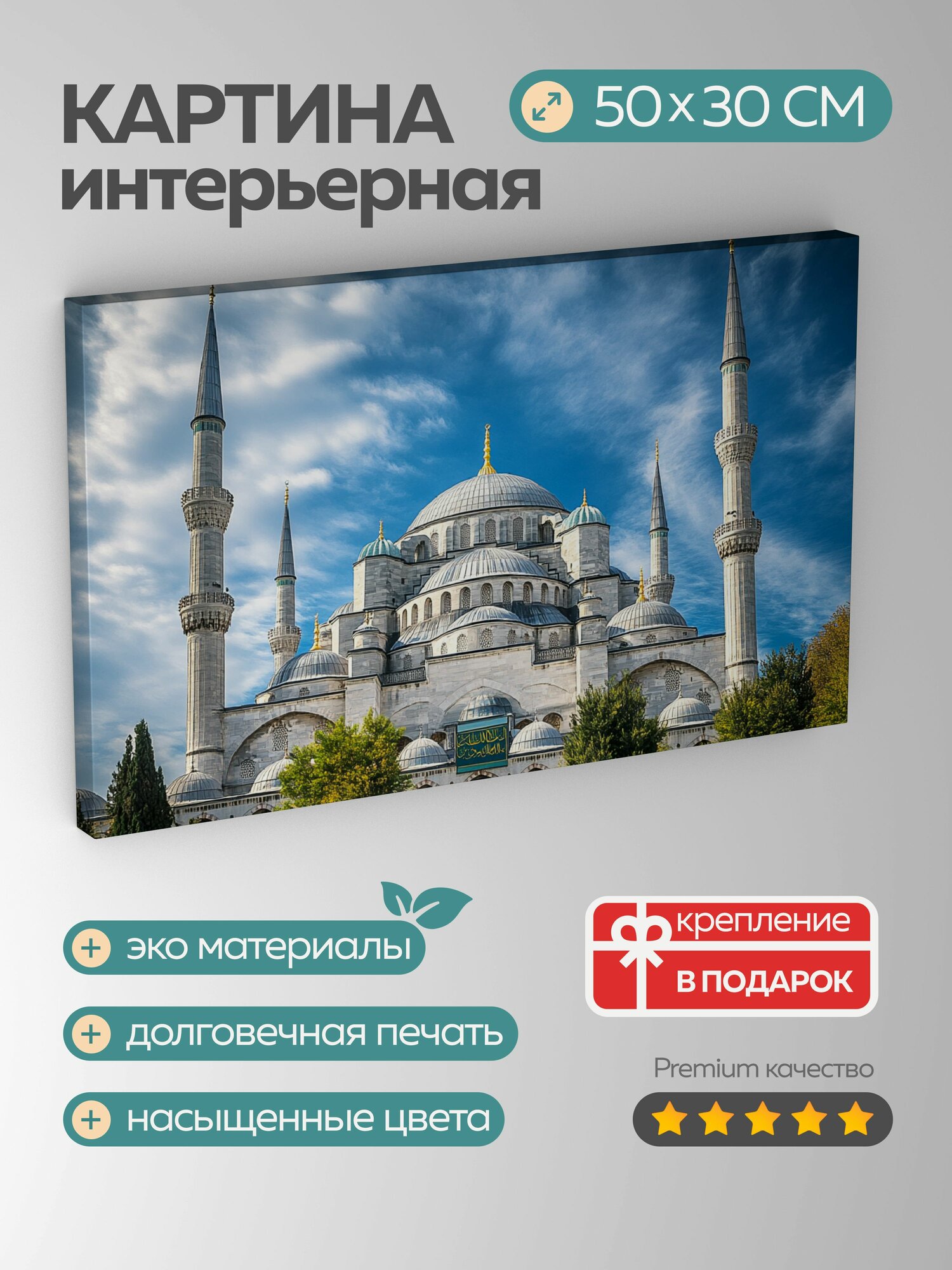Картина на холсте интерьерная 50х30 см, Мечеть, Султан Ахмед, Голубая, архитектура, купола, небо, Nikon, фотография