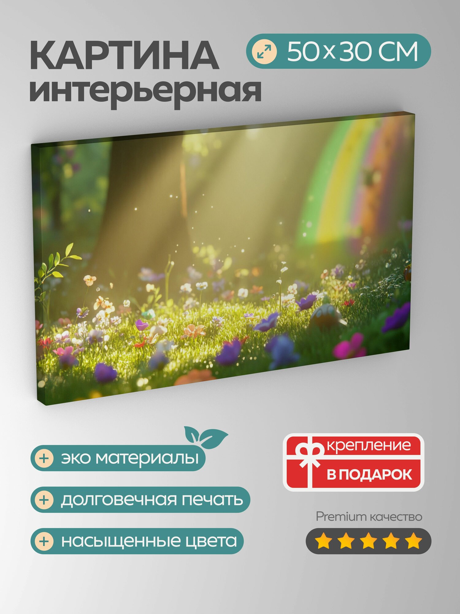 Картина на холсте интерьерная 50х30 см, волшебный лес, анимация, Disney-Pixar, существа, радуга, мост, зеленый, радость