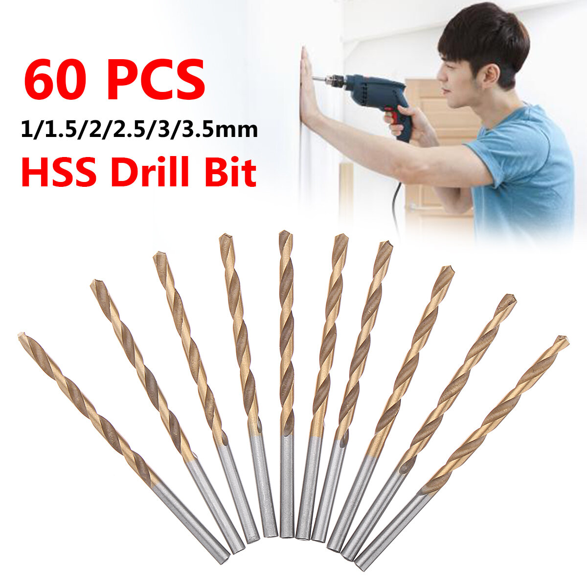 Набор из 60 спиральных сверл HSS с титановым покрытием 1 мм-3,5 мм, инструменты с прямым хвостовиком