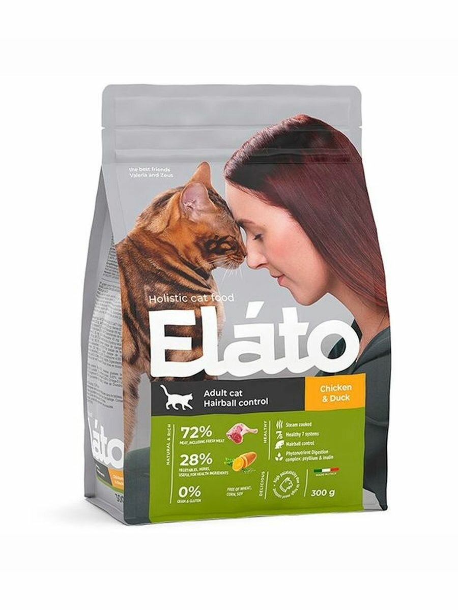 Elato Holistic д/взрослых кошек с курицей и уткой для выведения шерсти 300г