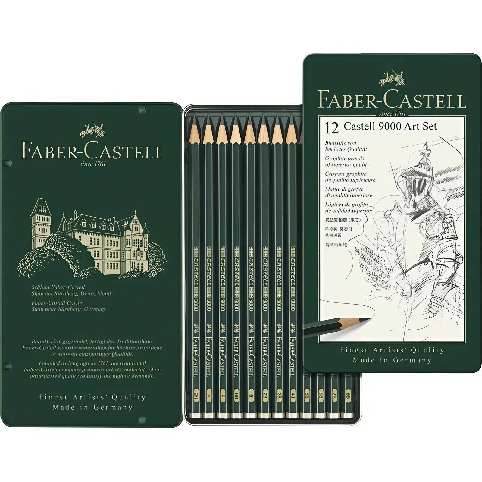 Карандаши чернографитные Faber-Castell "Castell 9000 Art Set", набор 12 шт, 2H-8B, металлическая коробка