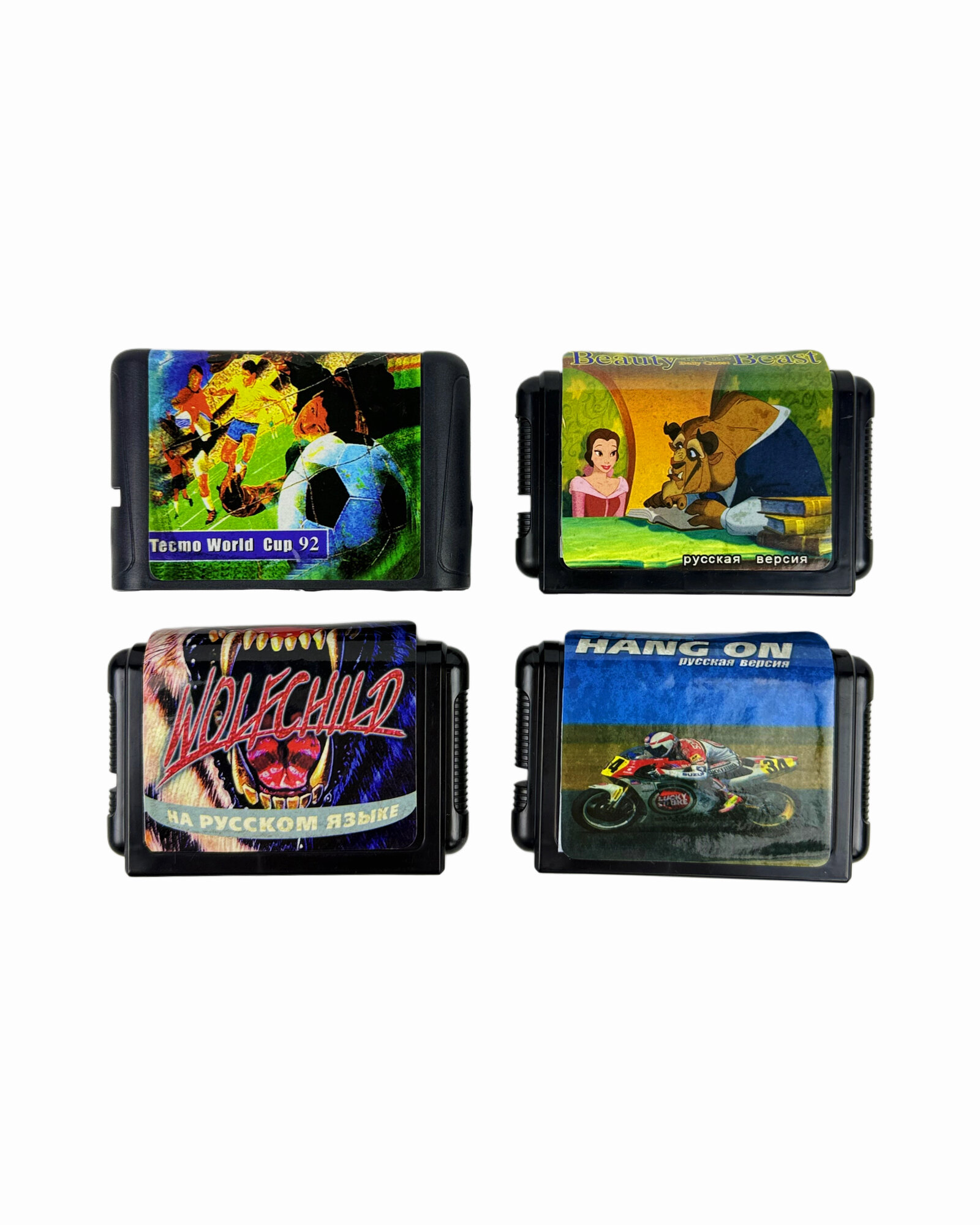 Картридж для Sega 16 bit, набор 4 шт, Beauty and the Beast: Belle's Quest+ HangOnSuper+Tecmo World Cup 92 + Wolfchild