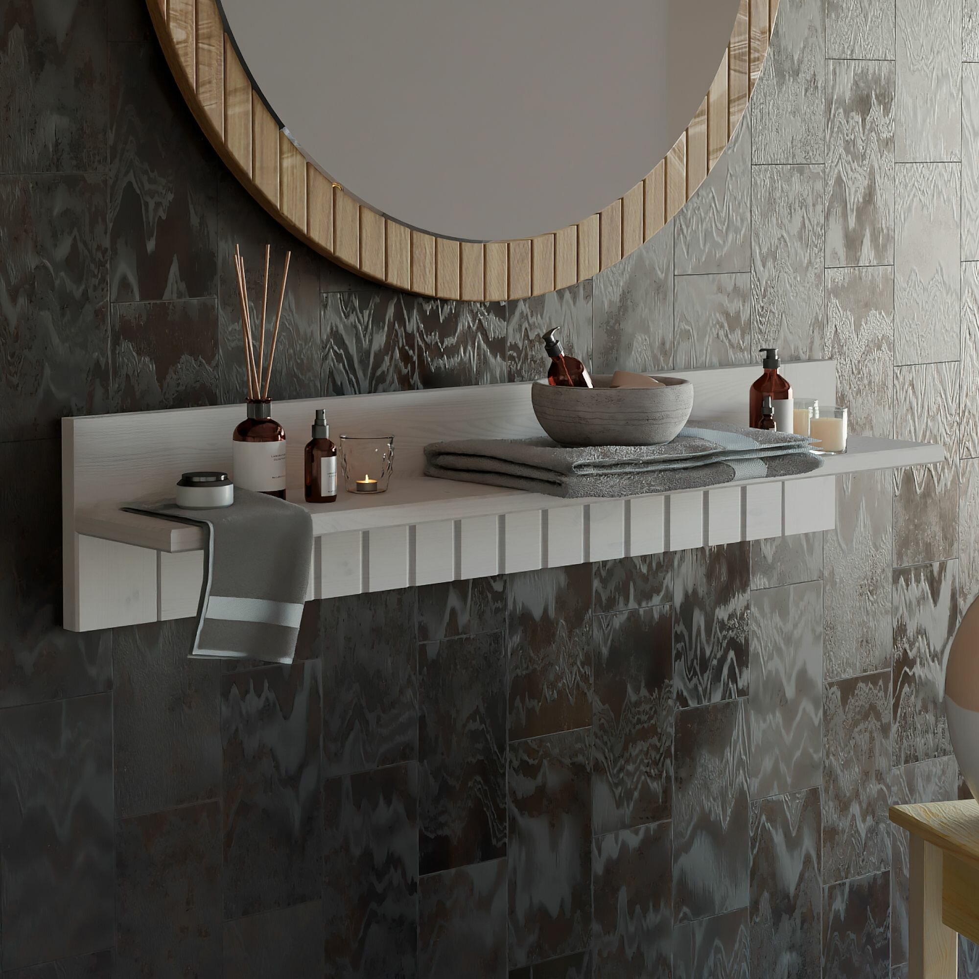 Полка настенная 100х14х14, Poehl, подвесная, массив сосны, под зеркало, в ванную, спальню, прихожую, белый, Dipriz