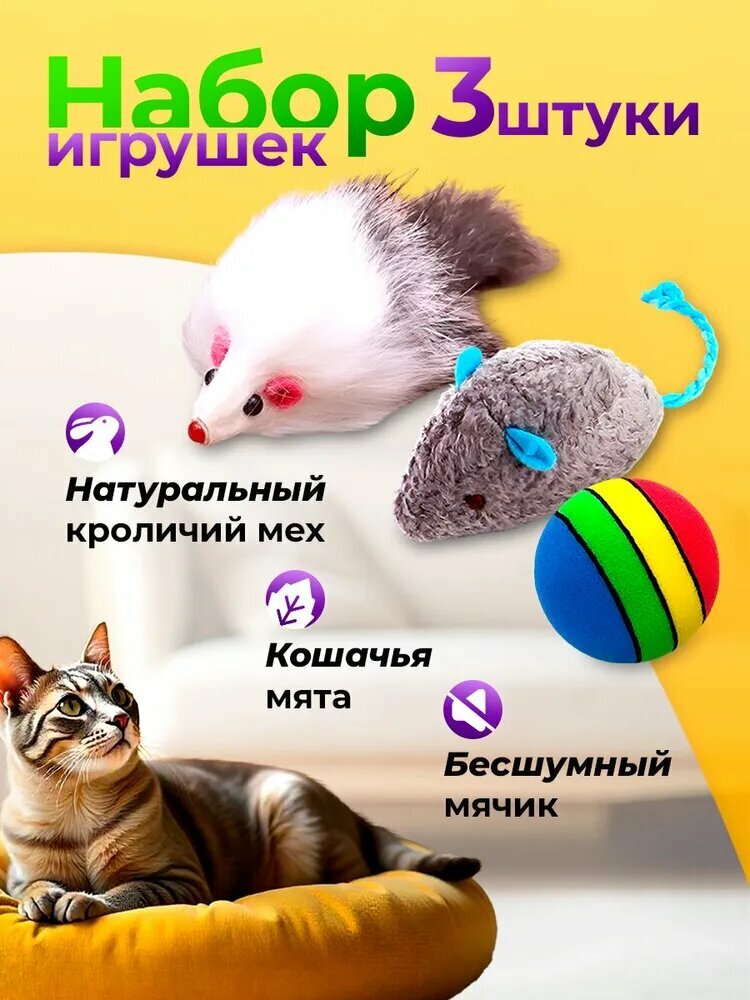 Игрушки для кошек с кошачьей мятой. Мышка погремушка, мышка с мятой и шарик. Набор игрушек для котят