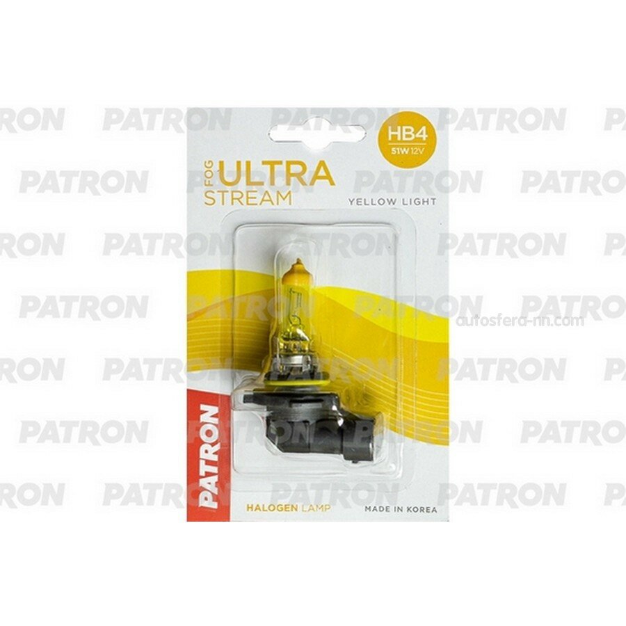 PATRON PLHB41251FLLS Лампа галогенная блистер 1шт HB4 12V 51W 2800K P22d Fog Ultra Stream (желтый свет, отличная видимость в любую погоду) Сделано в Корее