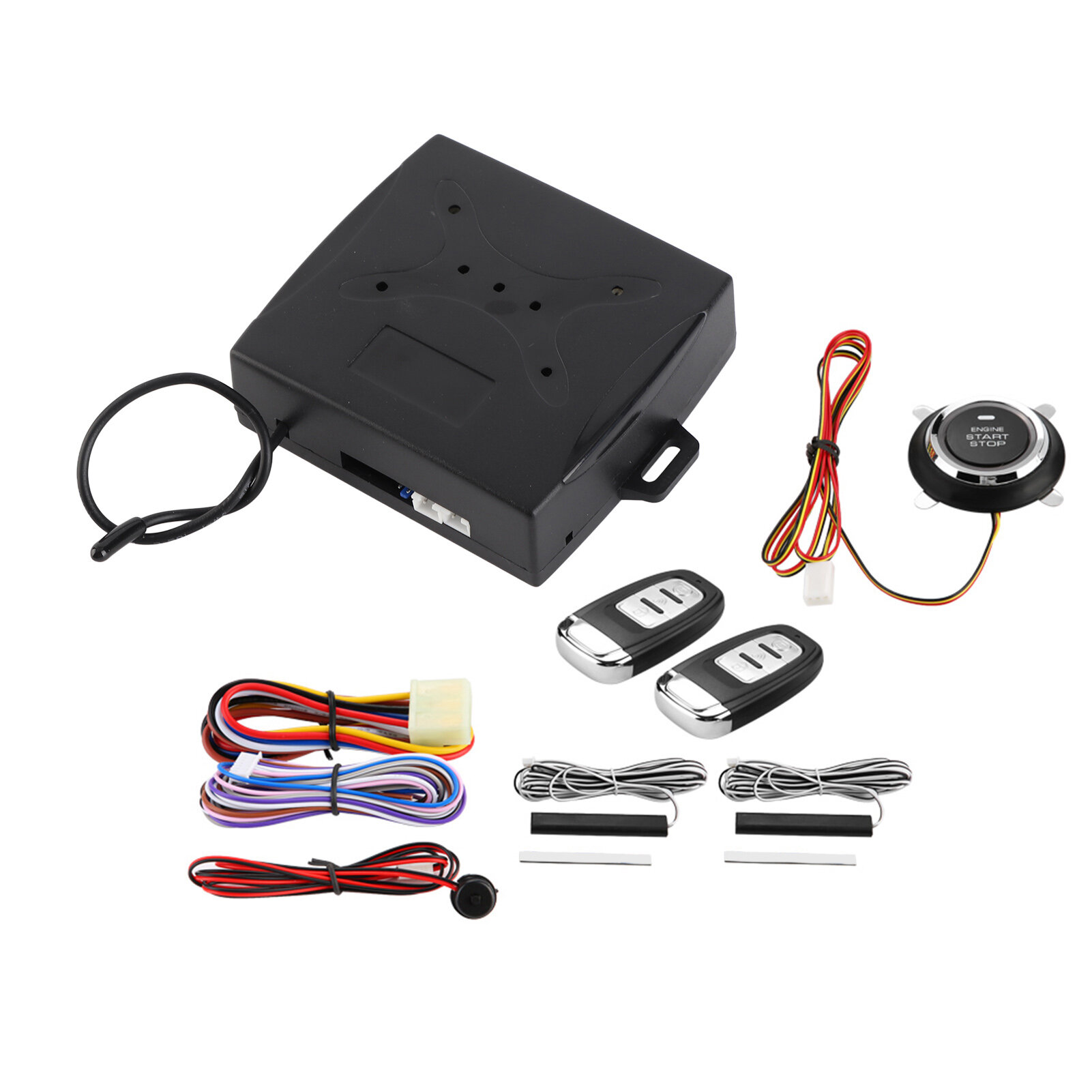 Система сигнализации для автомобилей с дистанционным запуском двигателя, бесключевым доступом и кнопкой запуска, 12V, материал ABS Plastic, цвет как на картинке, в комплект входят 1 блок сигнализации, 2 пульта управления, 1 кнопка запуска, 2 кабеля, 3