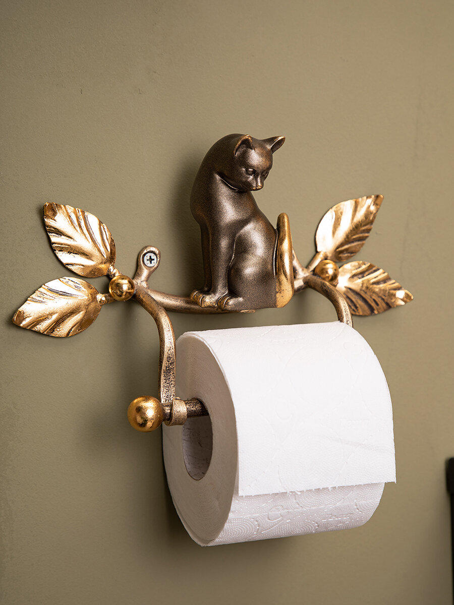 Настенный металлический держатель Bogacho Кот Мур для туалетной бумаги с декоративными мраморными элементами